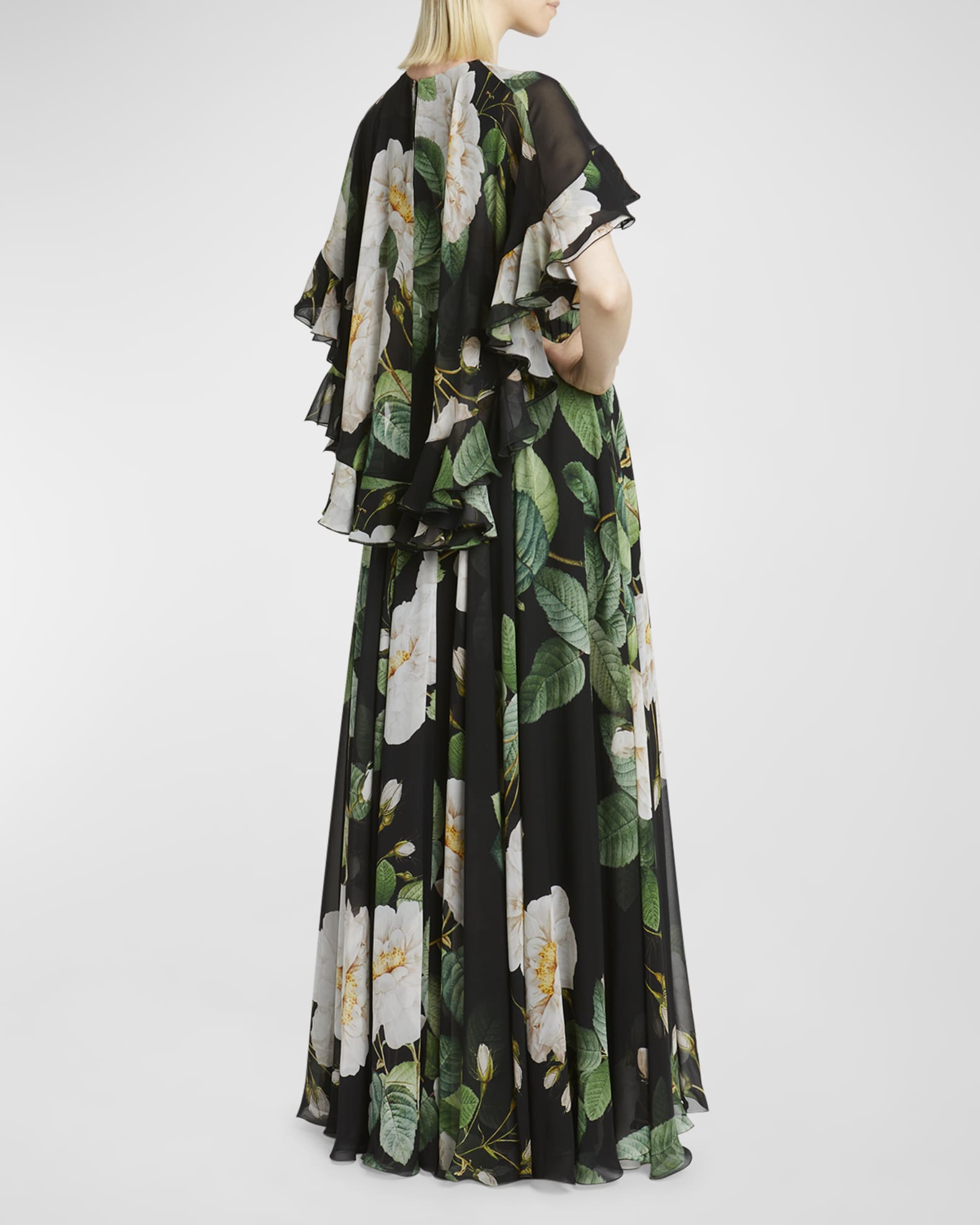 Giambattista Valli Floral-Print Gathered Chiffon Ruffle-Cape Maxi Dress ...