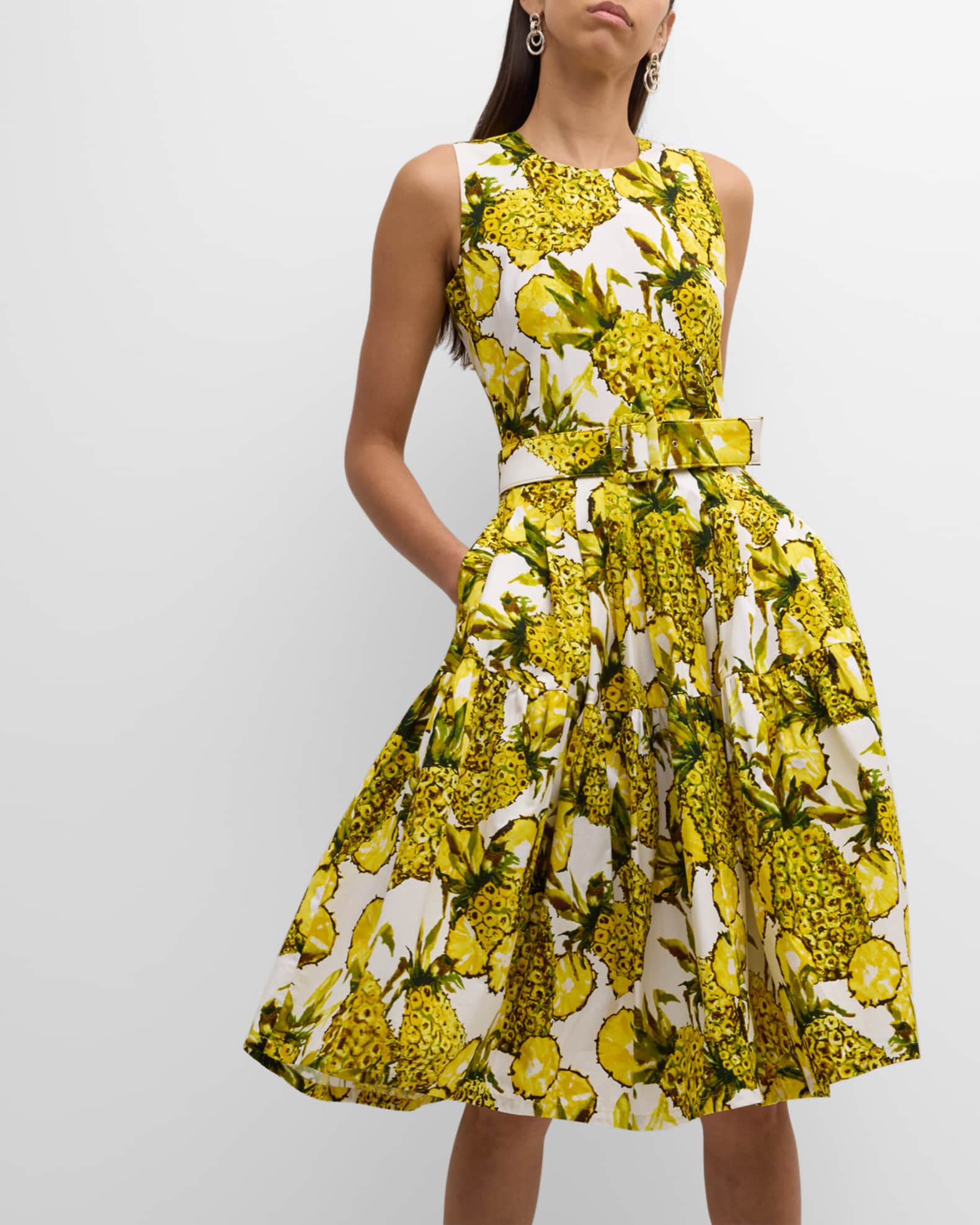 Samantha Sung Rose Belted Pineapple-Print A-Line Dress | Neiman Marcus