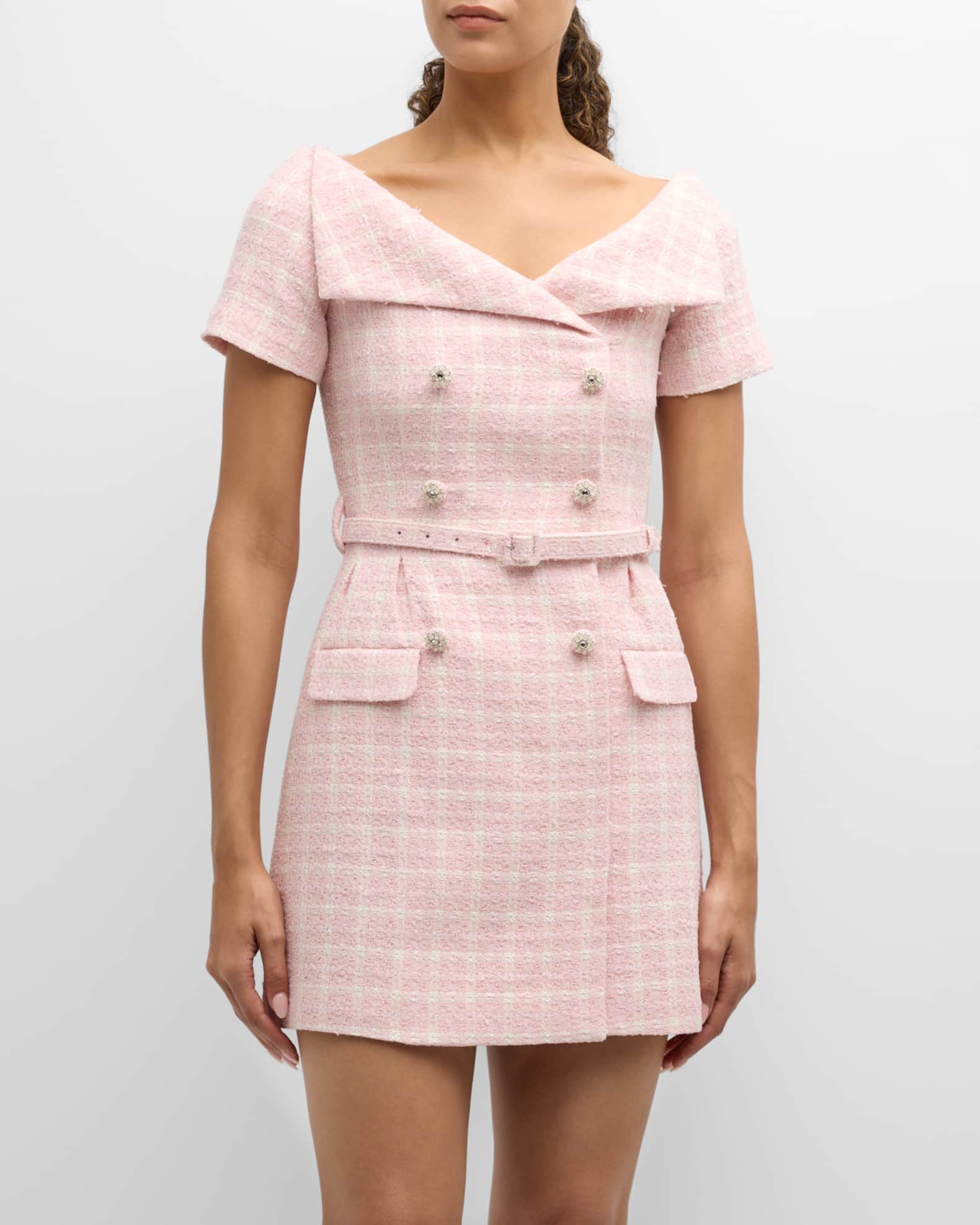 Self-Portrait Boucle Belted Off-Shoulder Mini Dress | Neiman Marcus