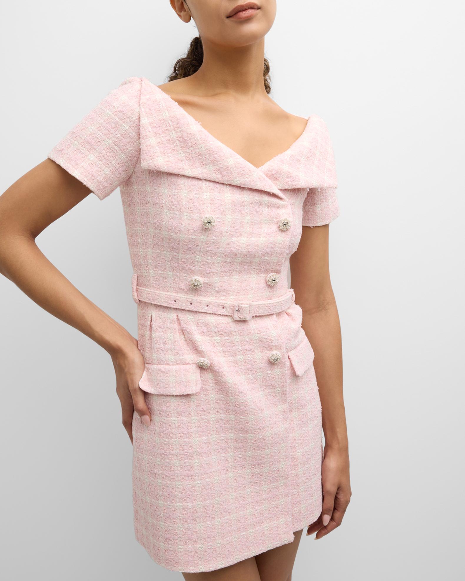 Self-Portrait Boucle Belted Off-Shoulder Mini Dress | Neiman Marcus