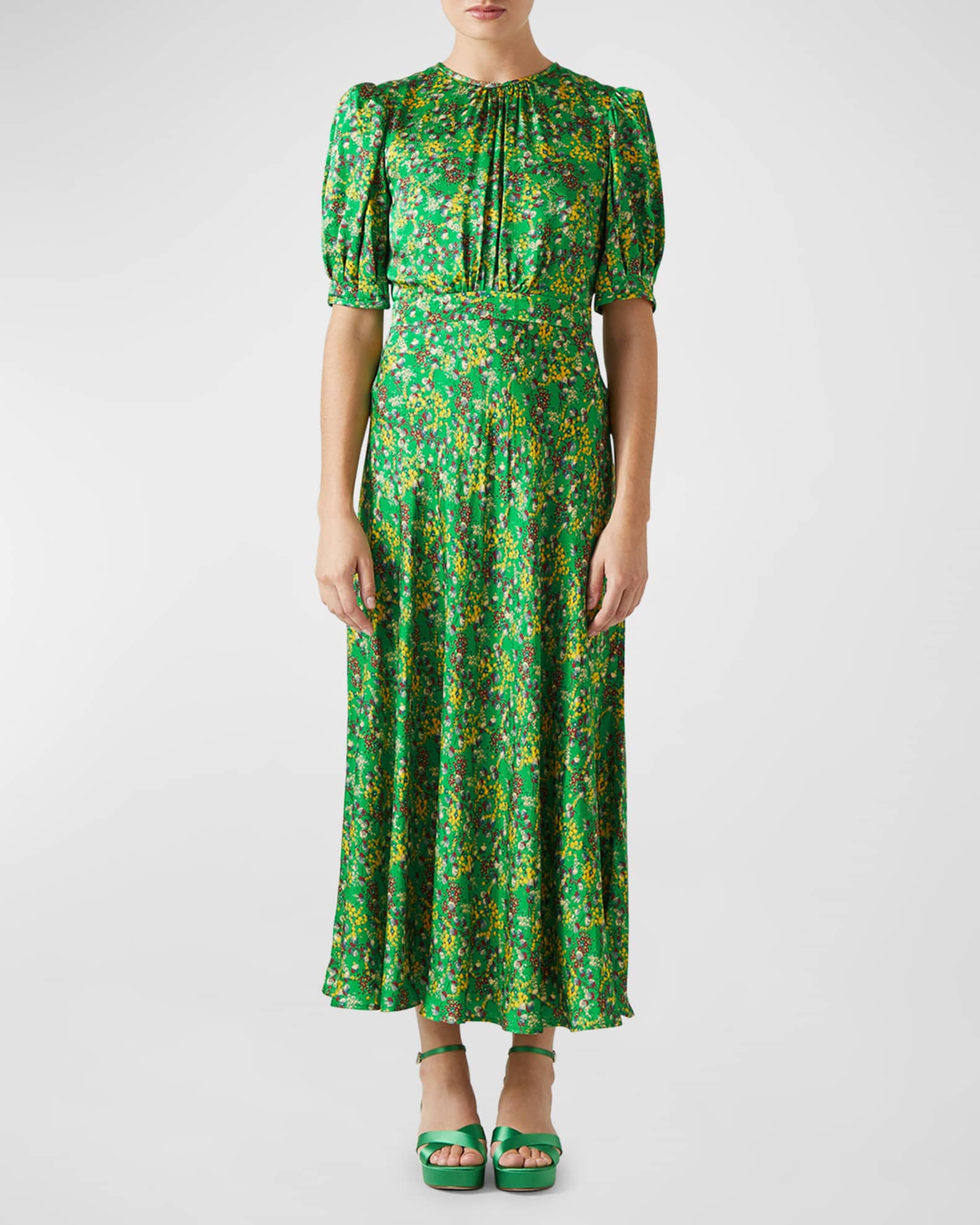 LK Bennett Jem Floral-Print Puff-Sleeve Midi Dress | Neiman Marcus