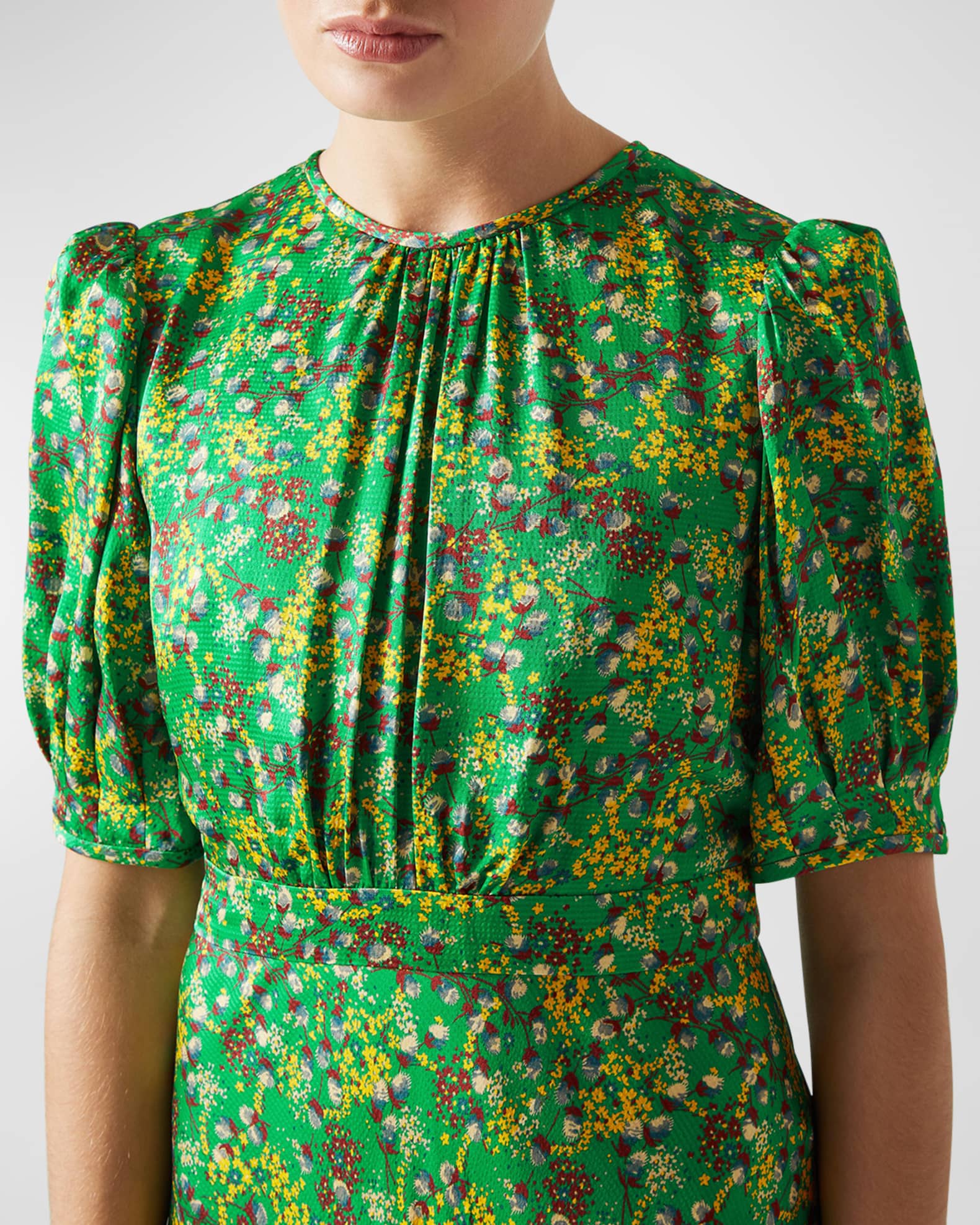 LK Bennett Jem Floral-Print Puff-Sleeve Midi Dress | Neiman Marcus