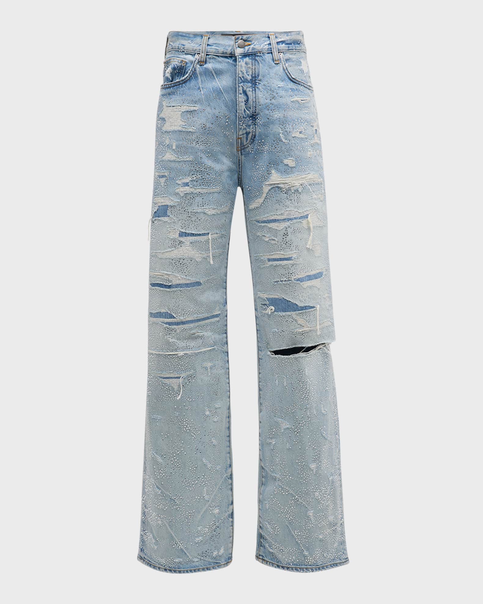 Amiri Men's Crystal-Embellished Repaired Baggy Jeans | Neiman Marcus