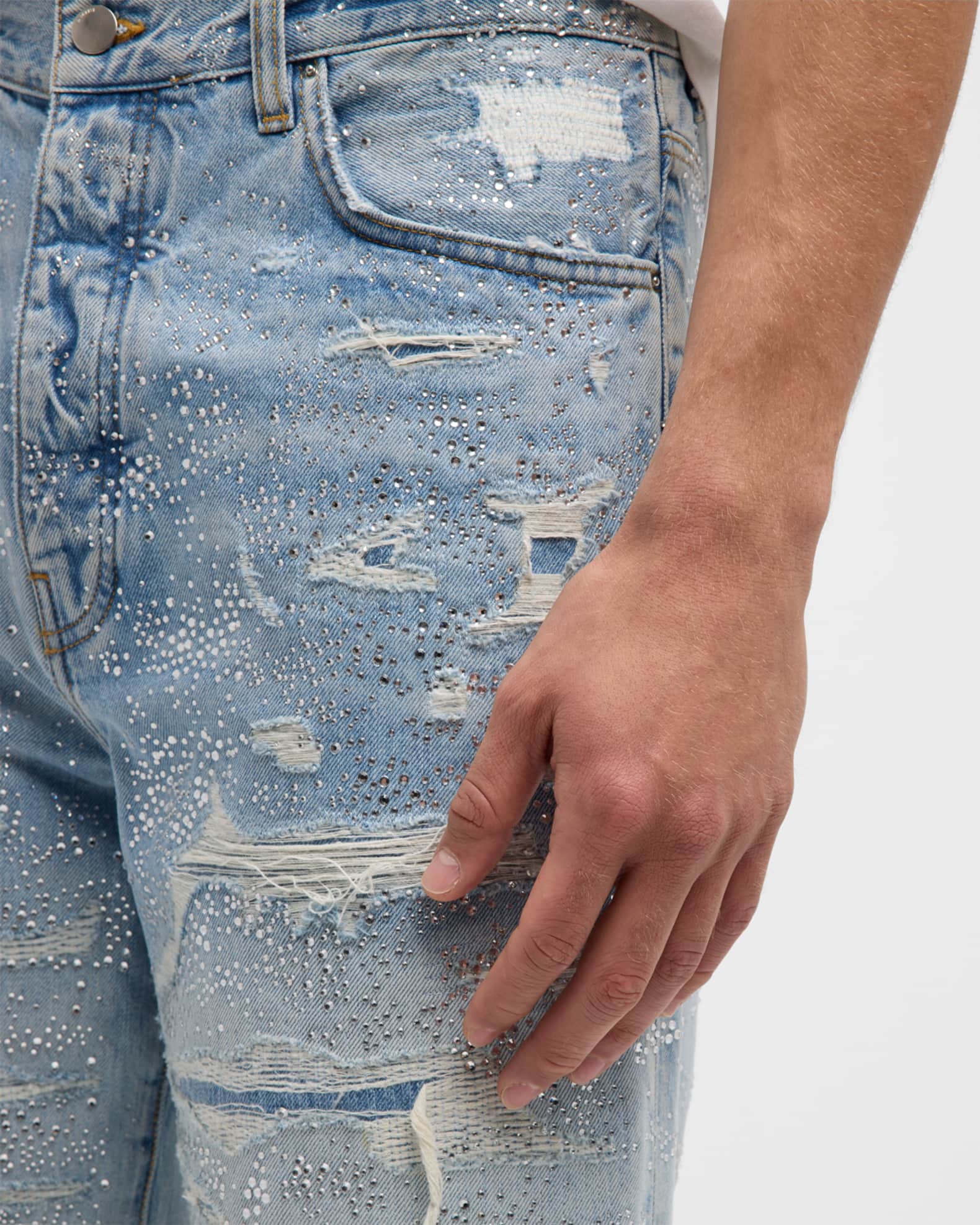 Amiri Men's Crystal-Embellished Repaired Baggy Jeans | Neiman Marcus