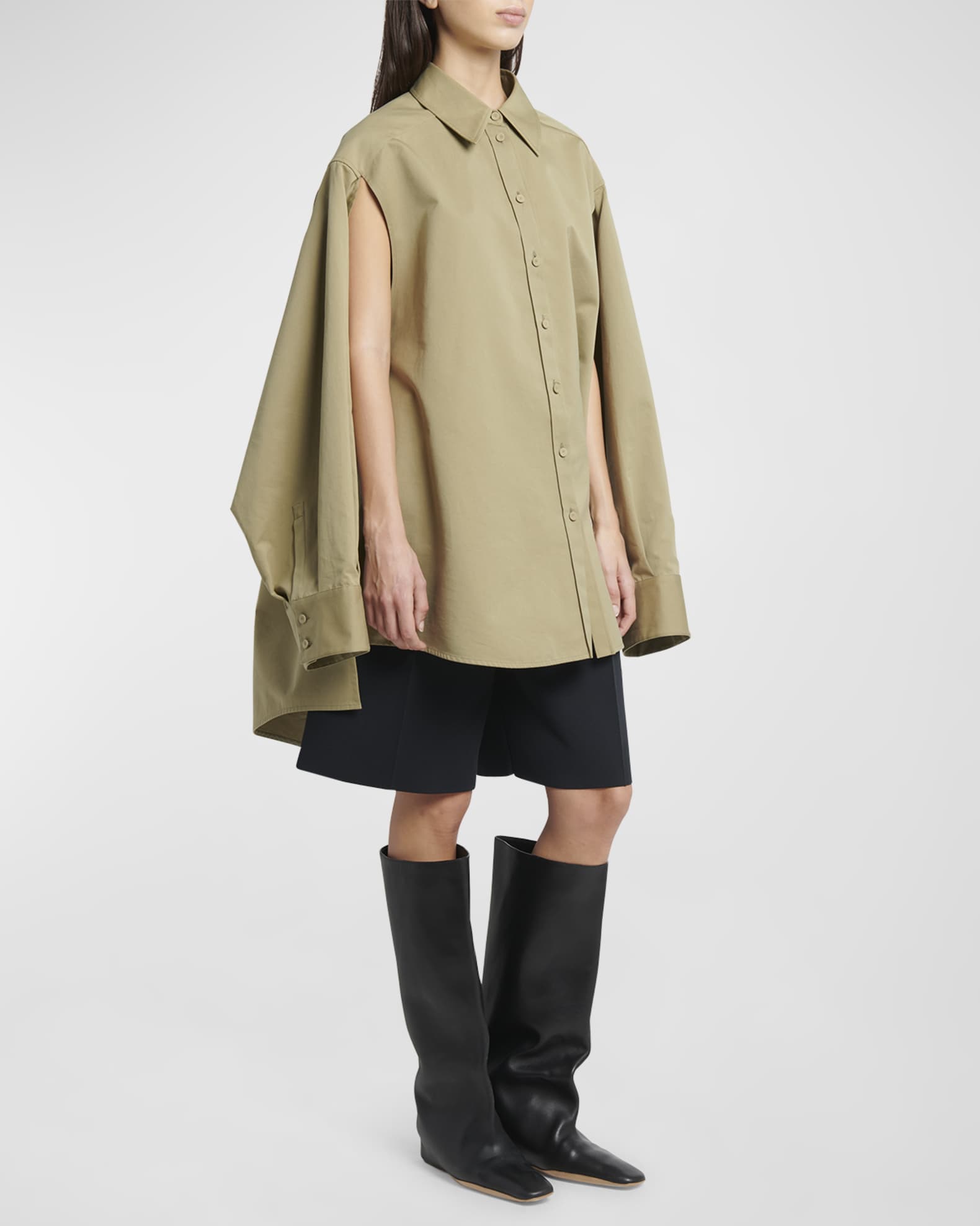 Jil Sander Cotton Slit-Sleeve Button-Front Shirt | Neiman Marcus