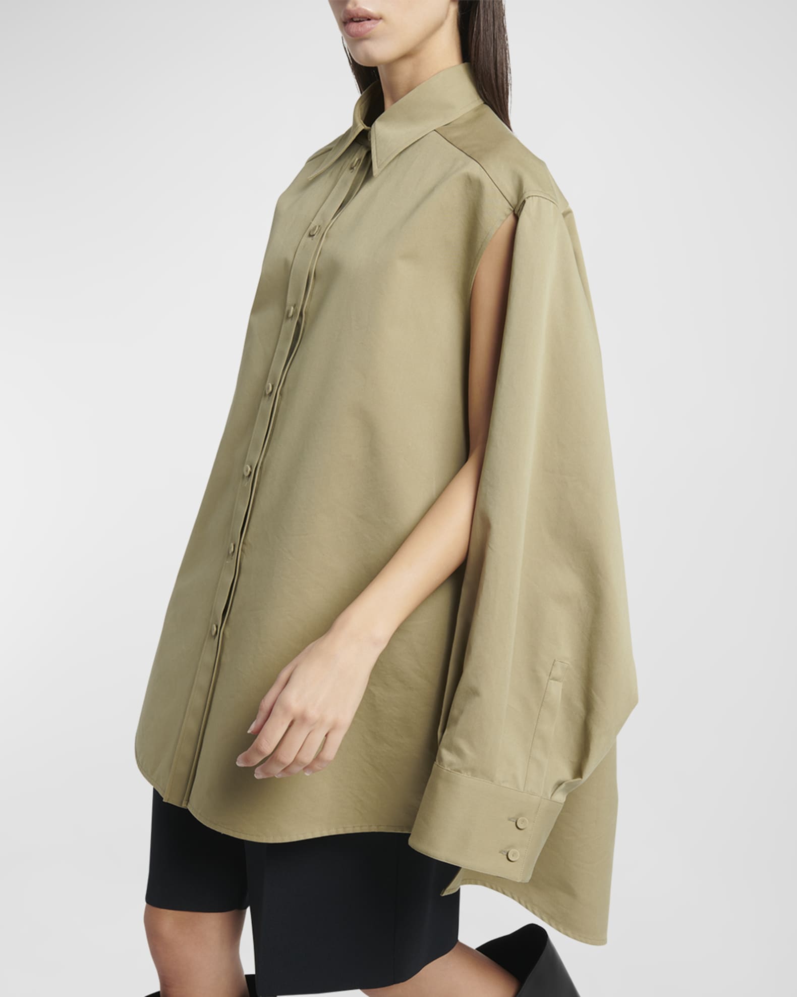 Jil Sander Cotton Slit-Sleeve Button-Front Shirt | Neiman Marcus