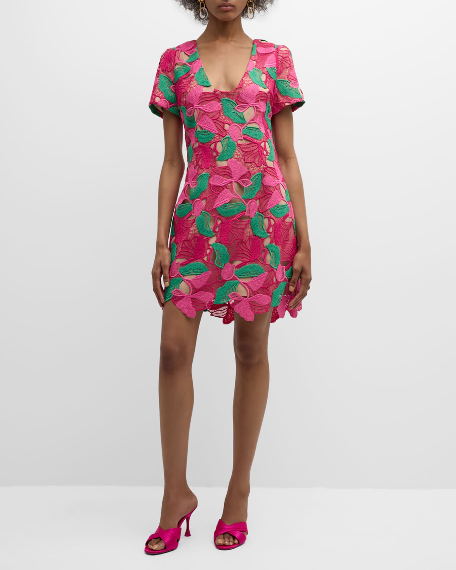 Milly Spring Petals Scoop-Neck Floral Lace Mini Dress | Neiman Marcus