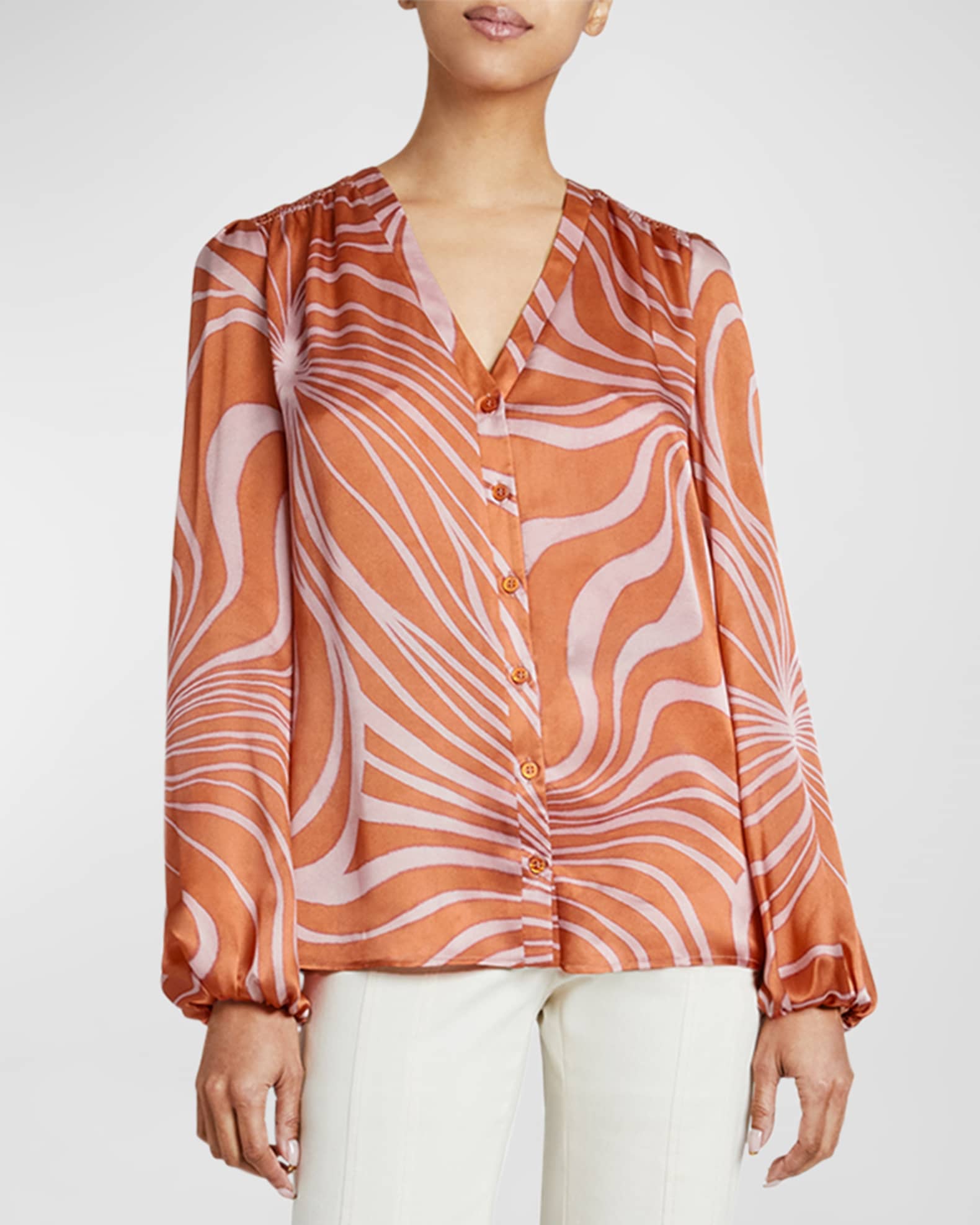 Santorelli Alexia Swirl-Print Blouson-Sleeve Blouse | Neiman Marcus