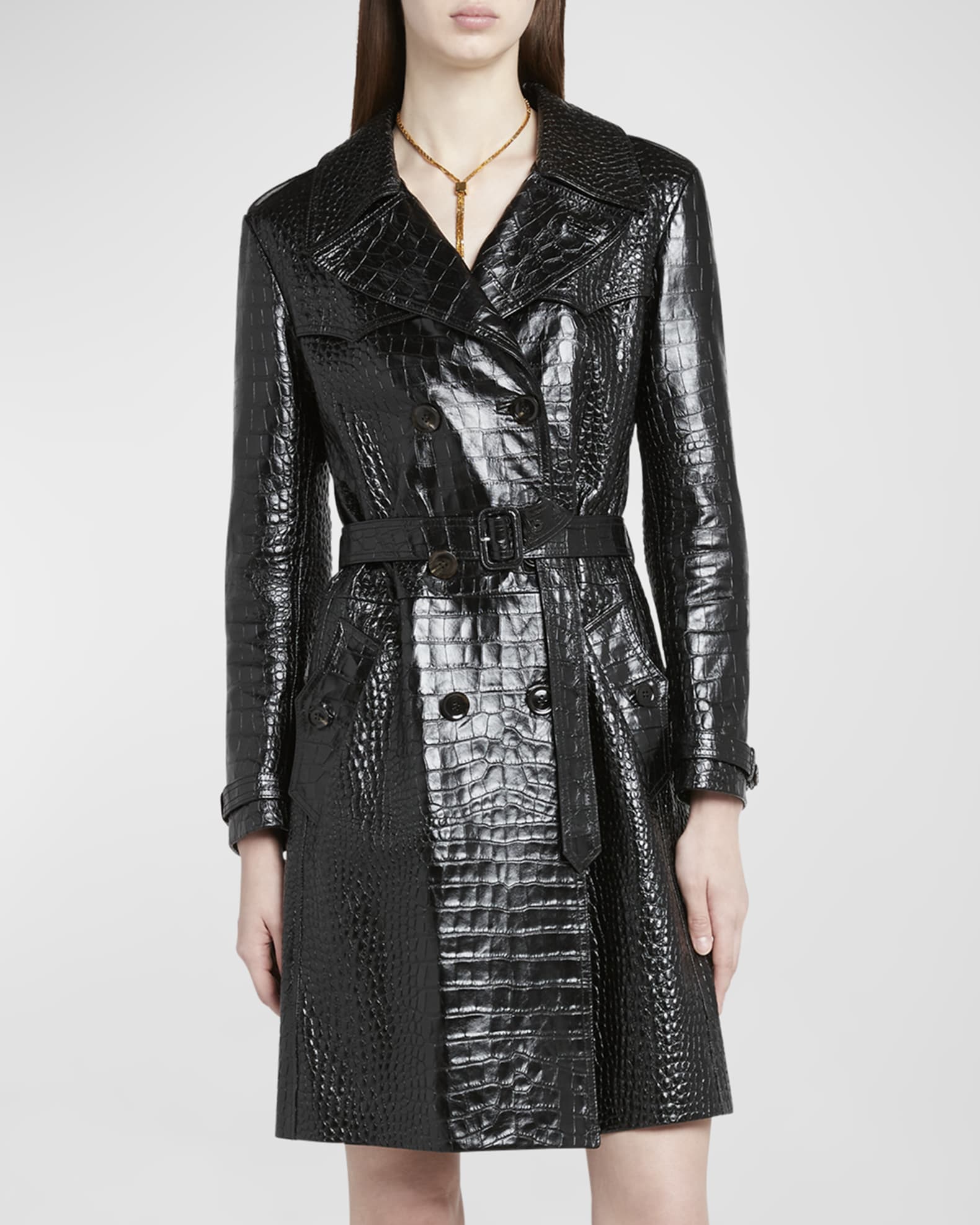 TOM FORD Croco Embossed Belted Leather Trench Coat | Neiman Marcus