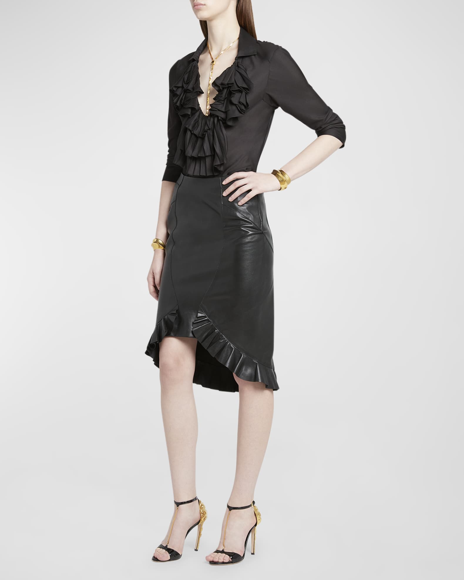 TOM FORD Quanteria Leather Ruffle Godet Asymmetric Skirt | Neiman Marcus
