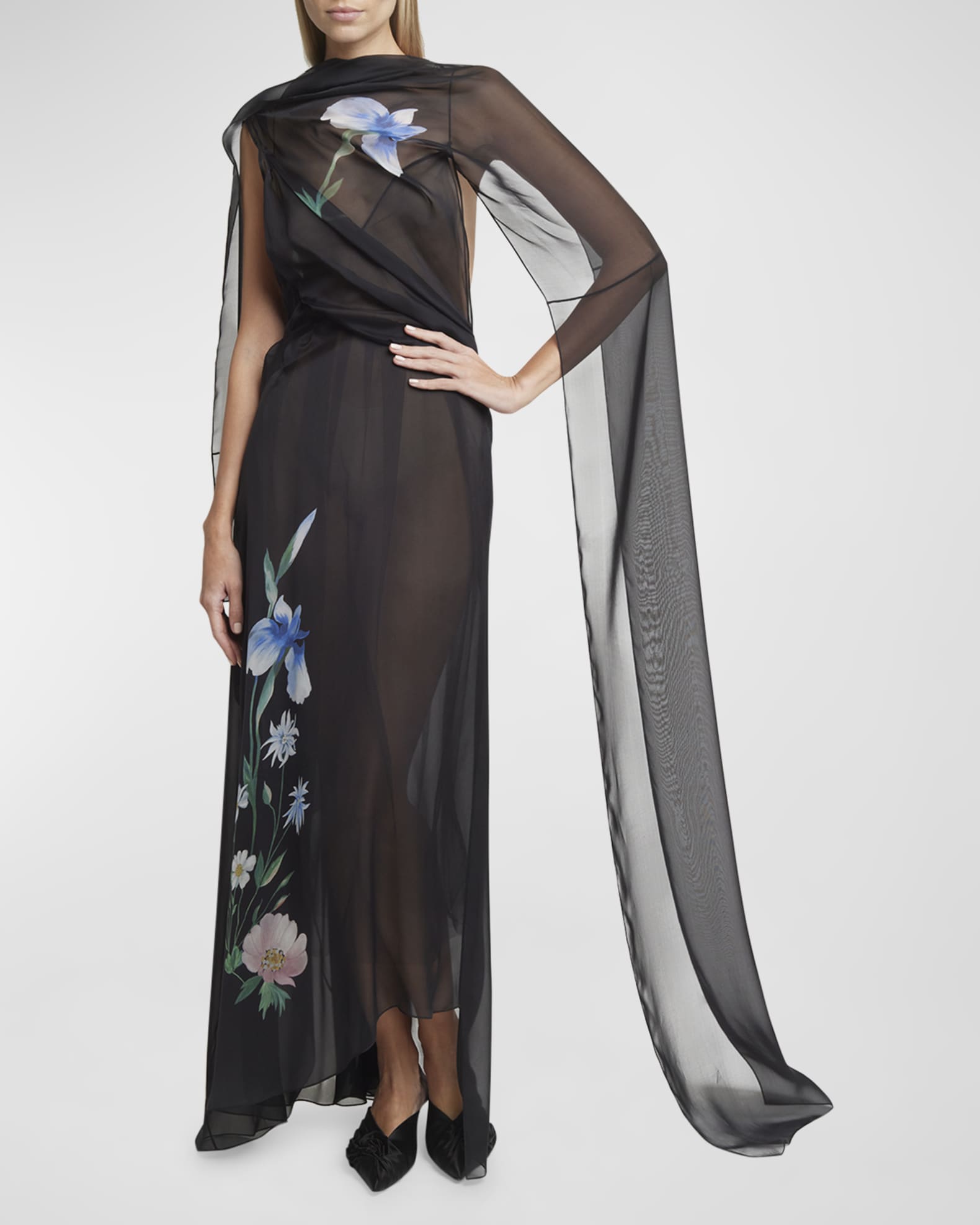 Givenchy Iris-Print Draped Backless Sheer Maxi Dress | Neiman Marcus
