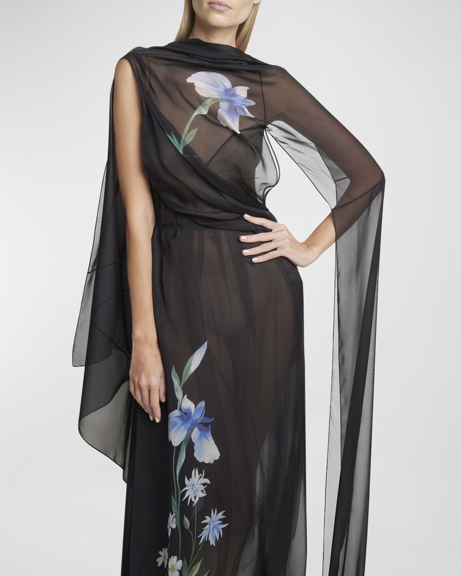 Givenchy Iris-Print Draped Backless Sheer Maxi Dress | Neiman Marcus