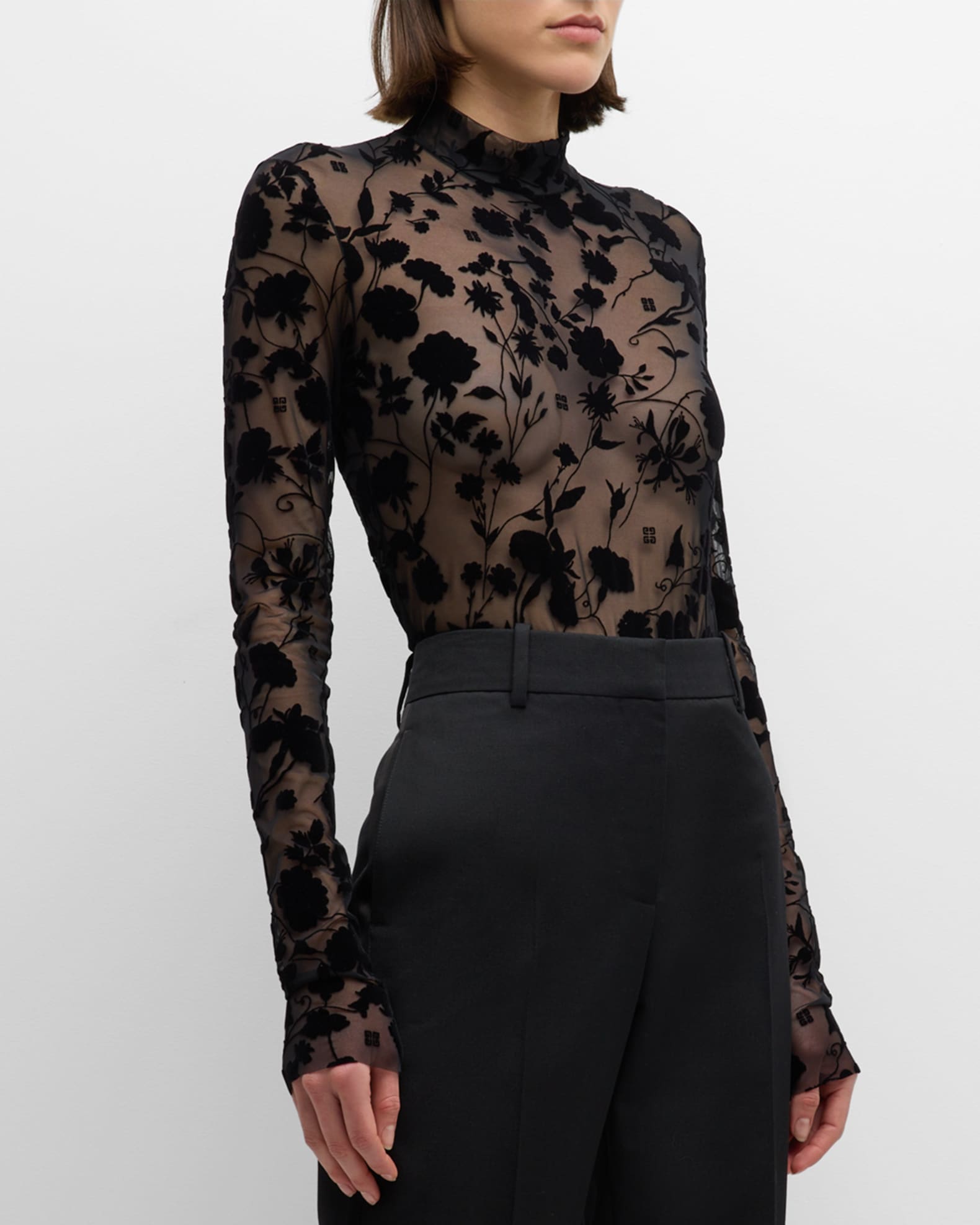 Givenchy 4G Floral Velvet Burnout Long-Sleeve Bodysuit | Neiman Marcus