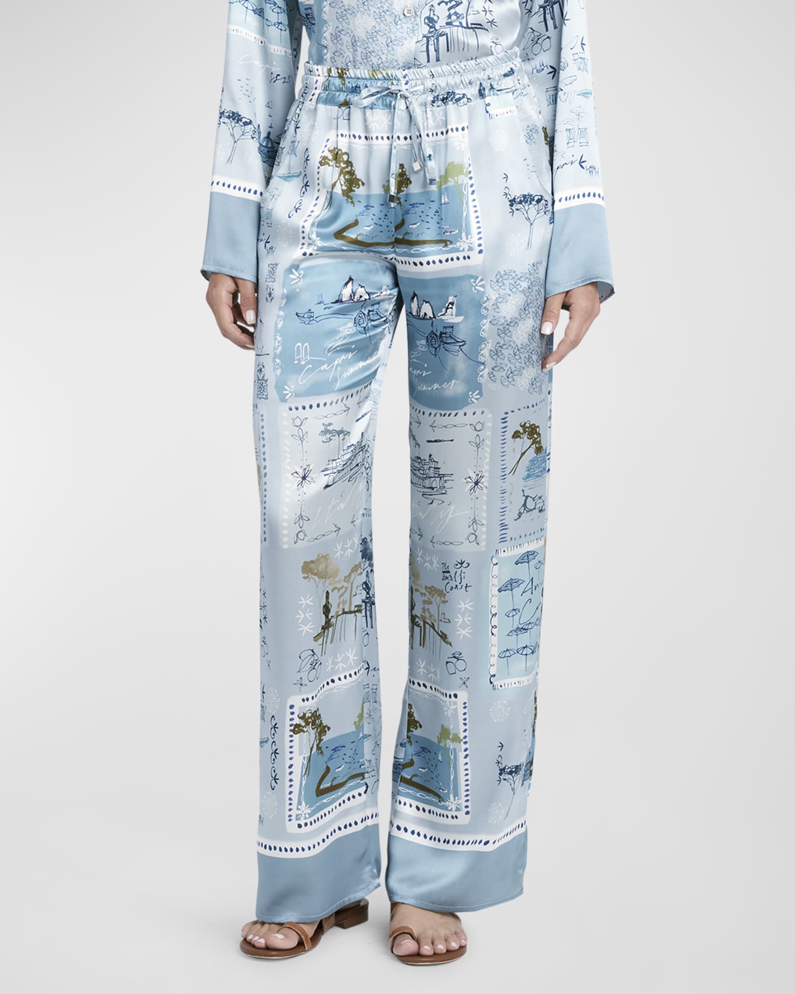 Kiton Capri-Print Wide-Leg Silk Pull-On Pants | Neiman Marcus