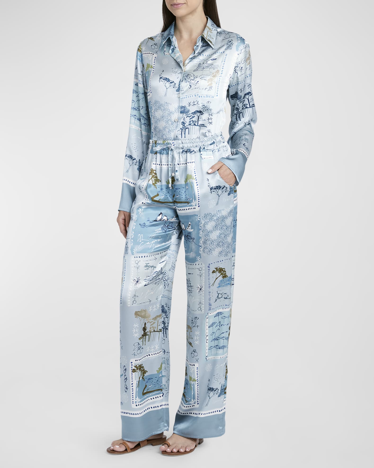 Kiton Capri-Print Wide-Leg Silk Pull-On Pants | Neiman Marcus