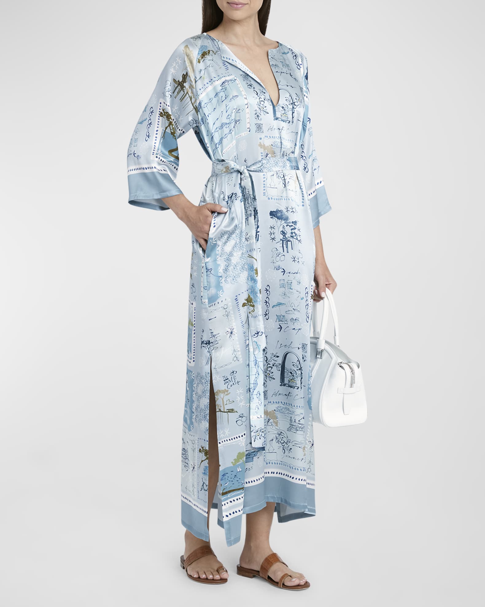 Kiton Capri Print Belted 3/4-Sleeve Silk Maxi Caftan Dress | Neiman Marcus