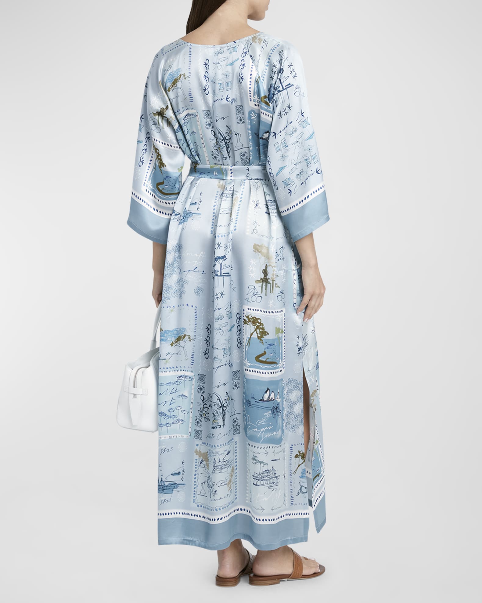 Kiton Capri Print Belted 3/4-Sleeve Silk Maxi Caftan Dress | Neiman Marcus
