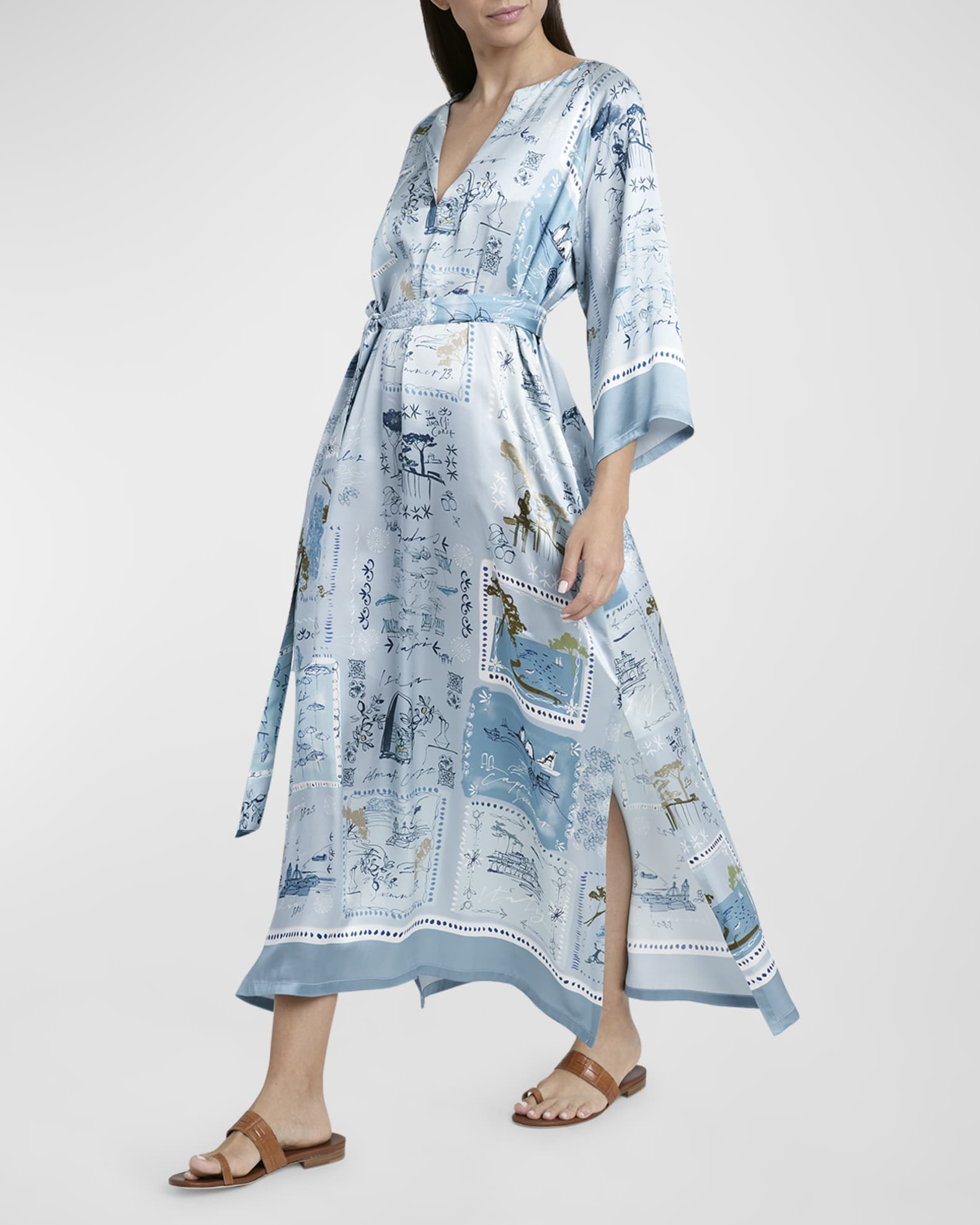 Kiton Capri Print Belted 3/4-Sleeve Silk Maxi Caftan Dress | Neiman Marcus
