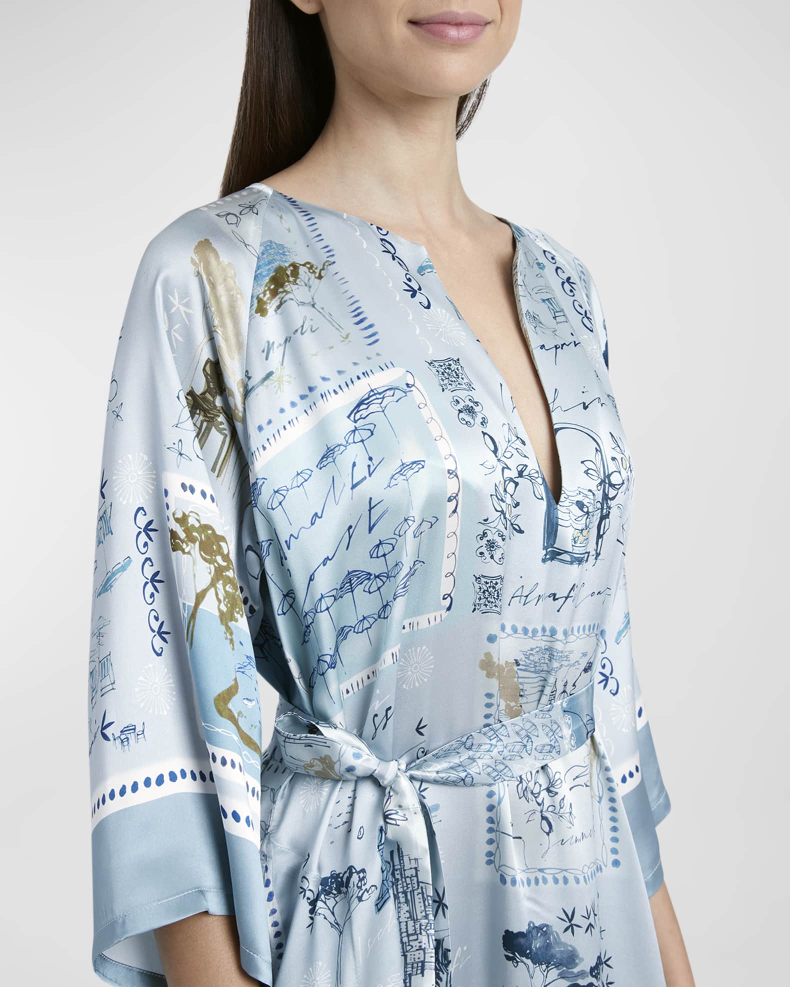 Kiton Capri Print Belted 3/4-Sleeve Silk Maxi Caftan Dress | Neiman Marcus