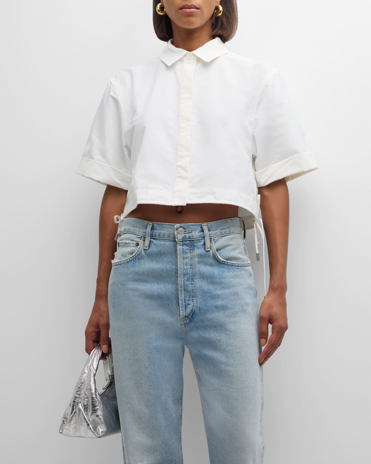 SIMKHAI Ryett Short-Sleeve Cropped Shirt | Neiman Marcus