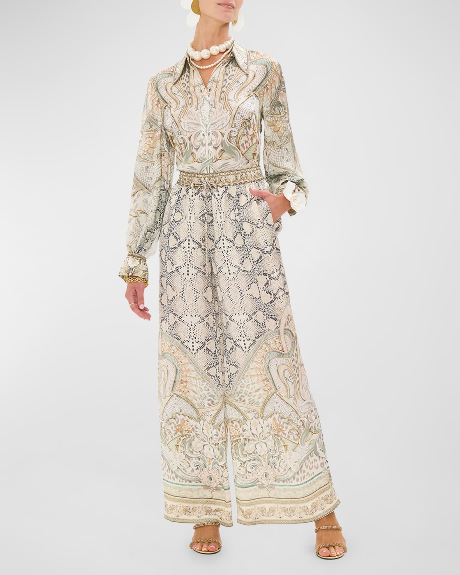 Camilla Ivory Tower Tales Wide-Leg Silk Lounge Pants | Neiman Marcus