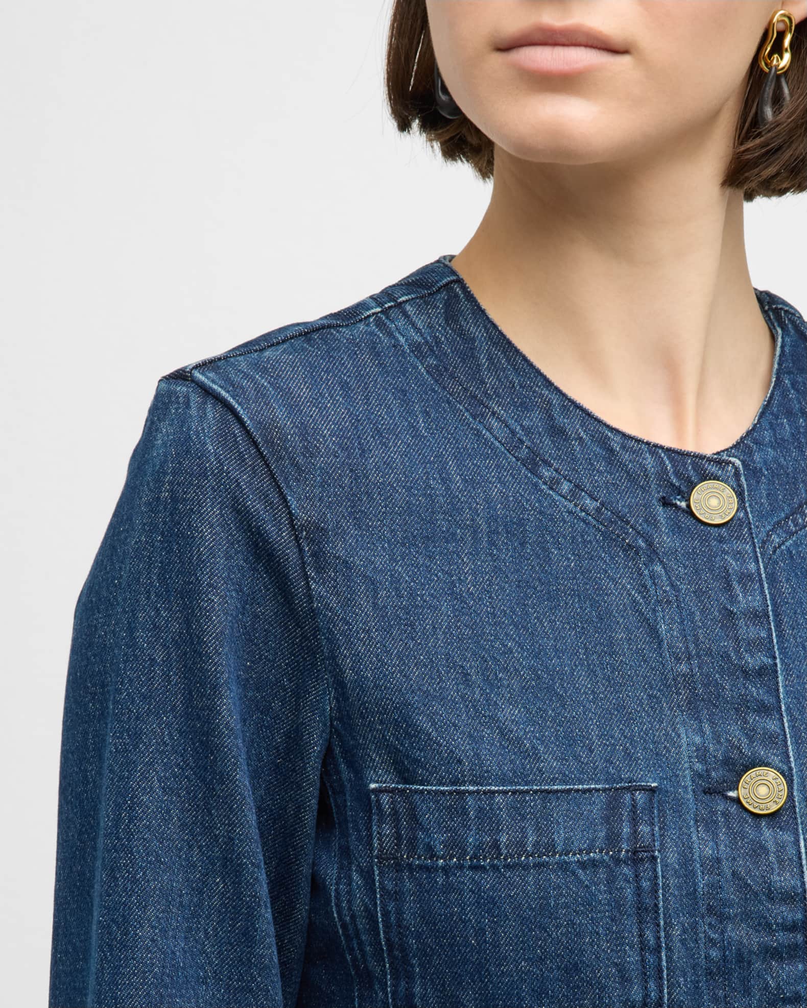 FRAME Collarless Denim Jacket | Neiman Marcus