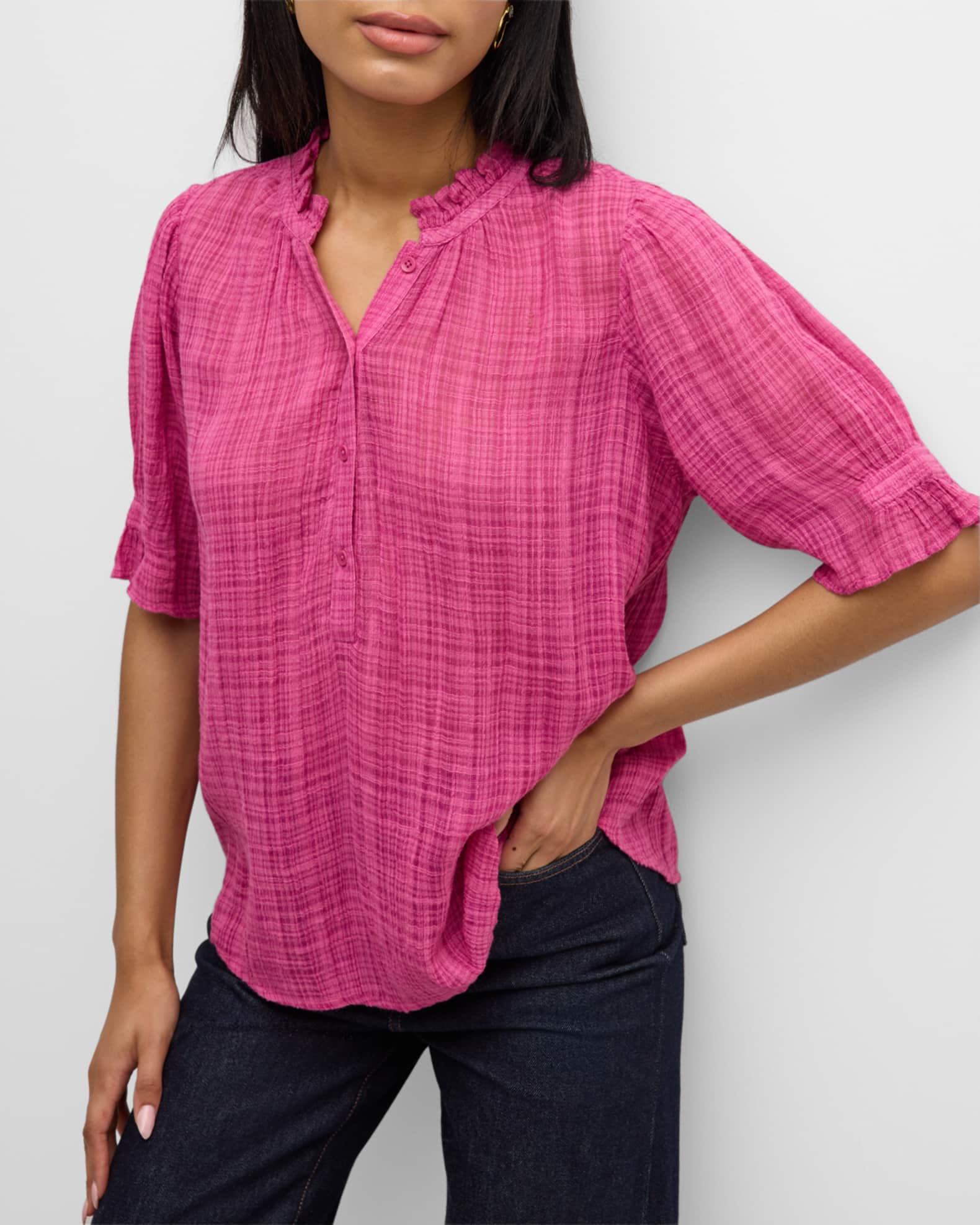 Apiece Apart Los Altos Elbow-Sleeve Cotton Gauze Top | Neiman Marcus