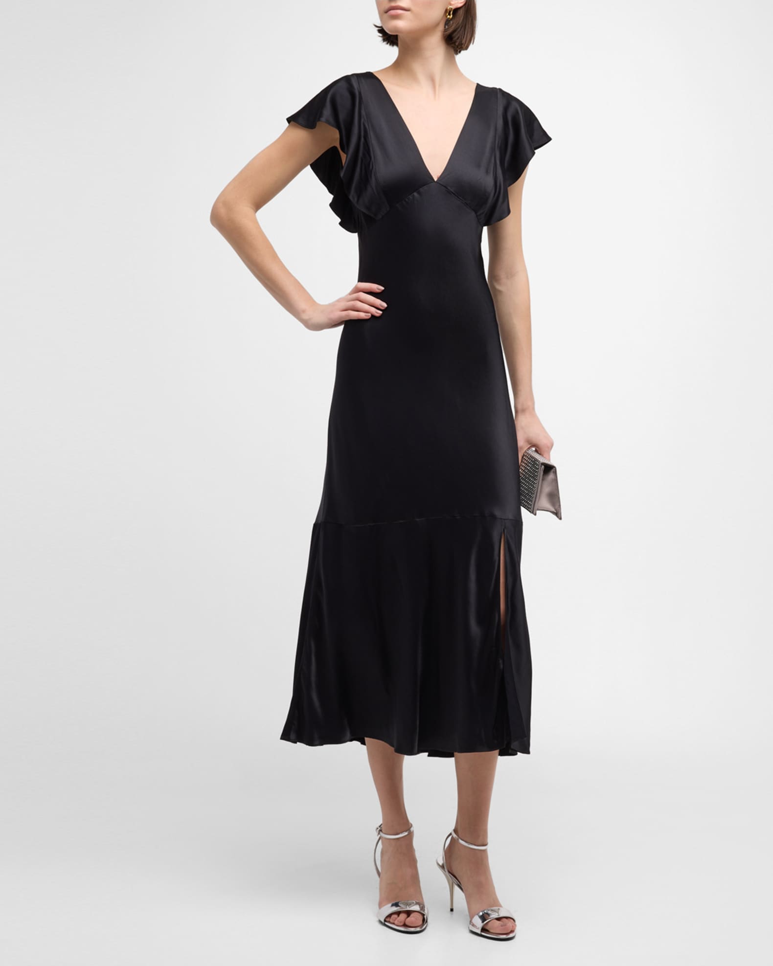 Rails Dina Flutter-Sleeve Satin Midi Dress | Neiman Marcus