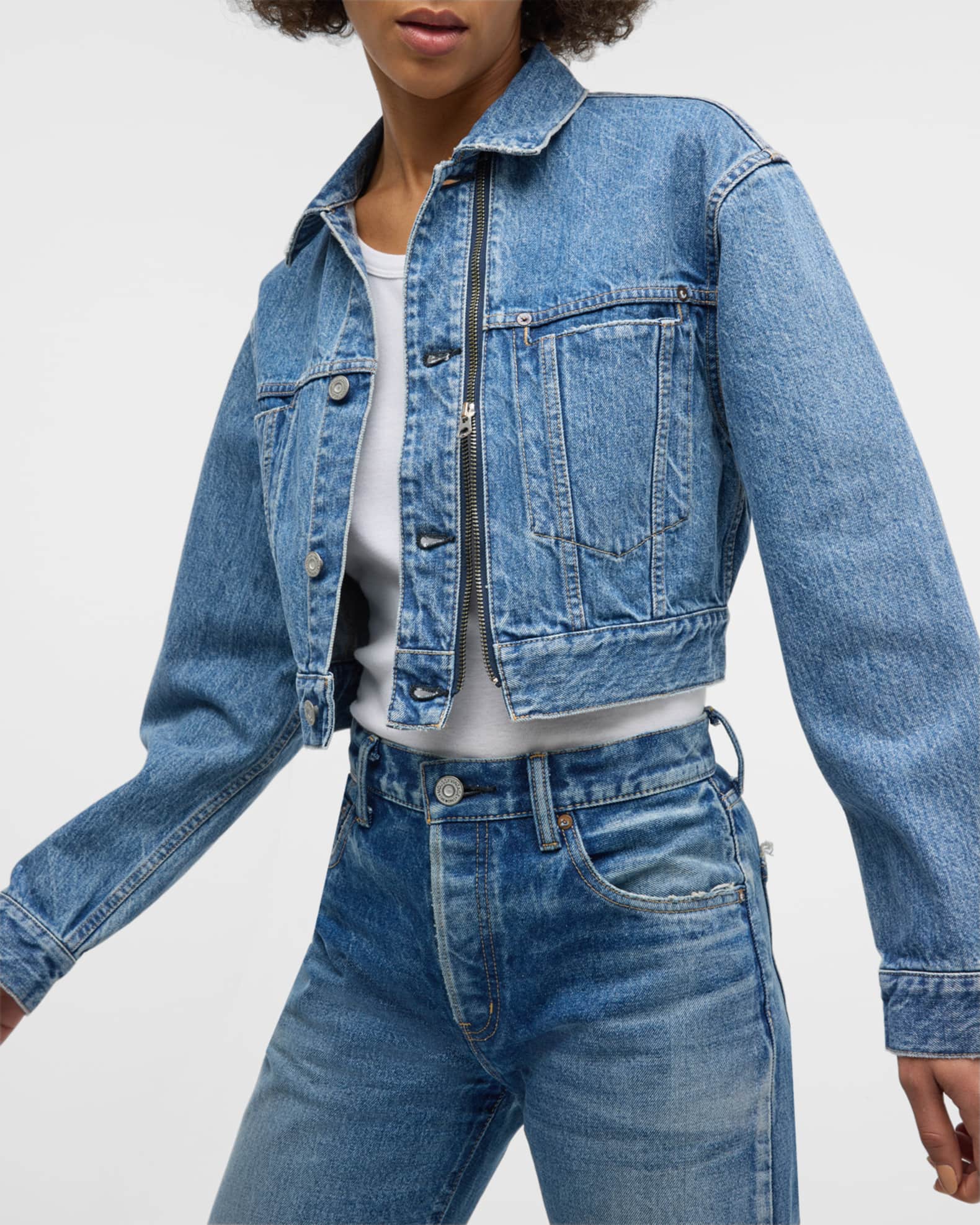 MOUSSY VINTAGE Bayview Zip Cropped Denim Jacket | Neiman Marcus