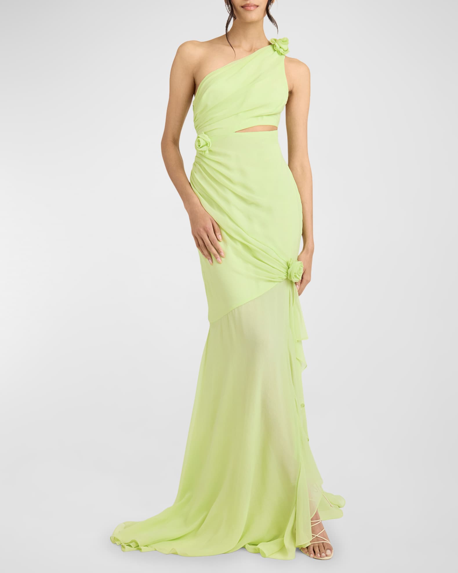 Cinq a Sept Kaleb Flower Draped Cutout One-Shoulder Gown | Neiman Marcus