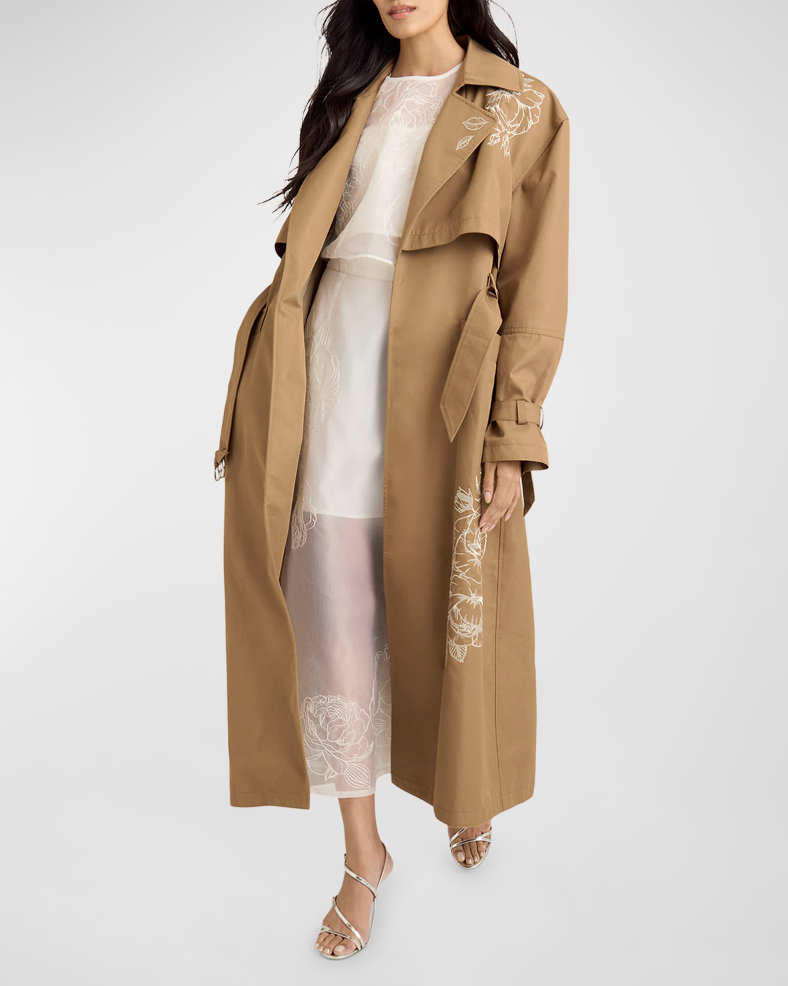 Cinq a Sept Astrid Satin Floral-Patterned Trench Coat | Neiman Marcus