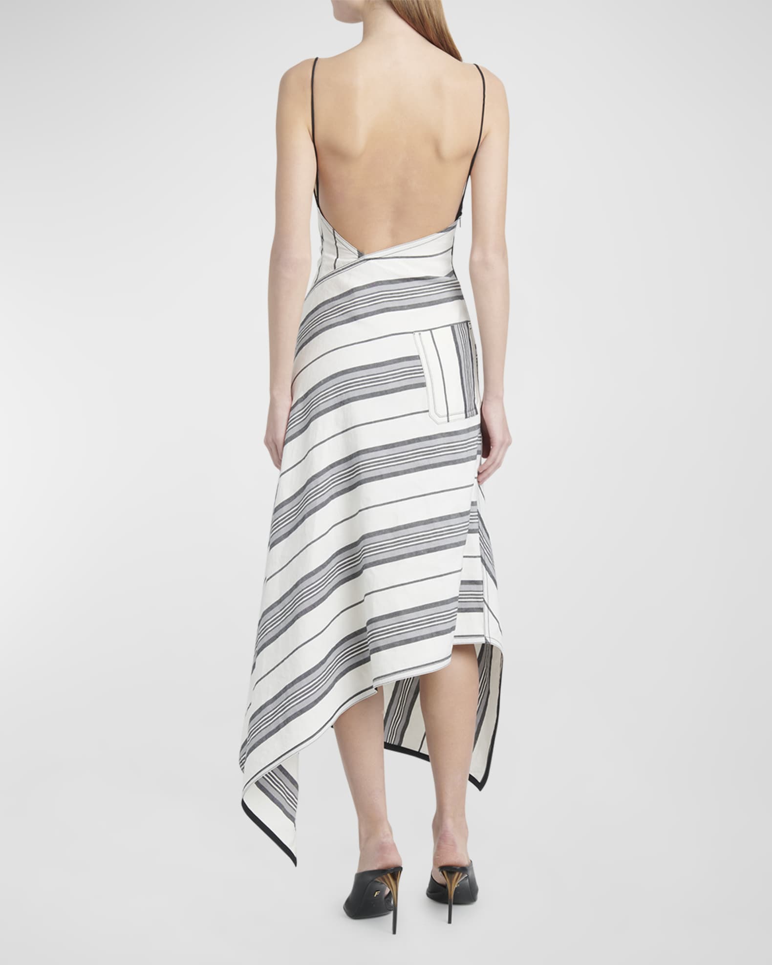 Ferragamo Asymmetric Striped Backless Midi Dress | Neiman Marcus