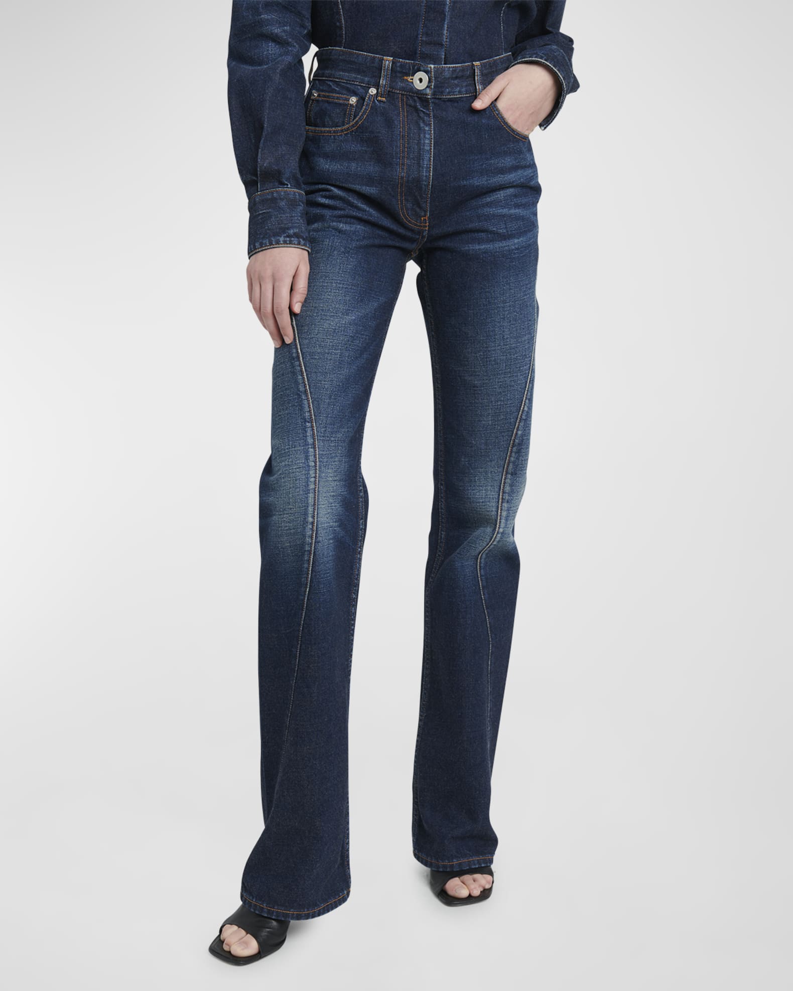 Ferragamo Seam-Detail Straight-Leg Distressed Denim Pants | Neiman Marcus