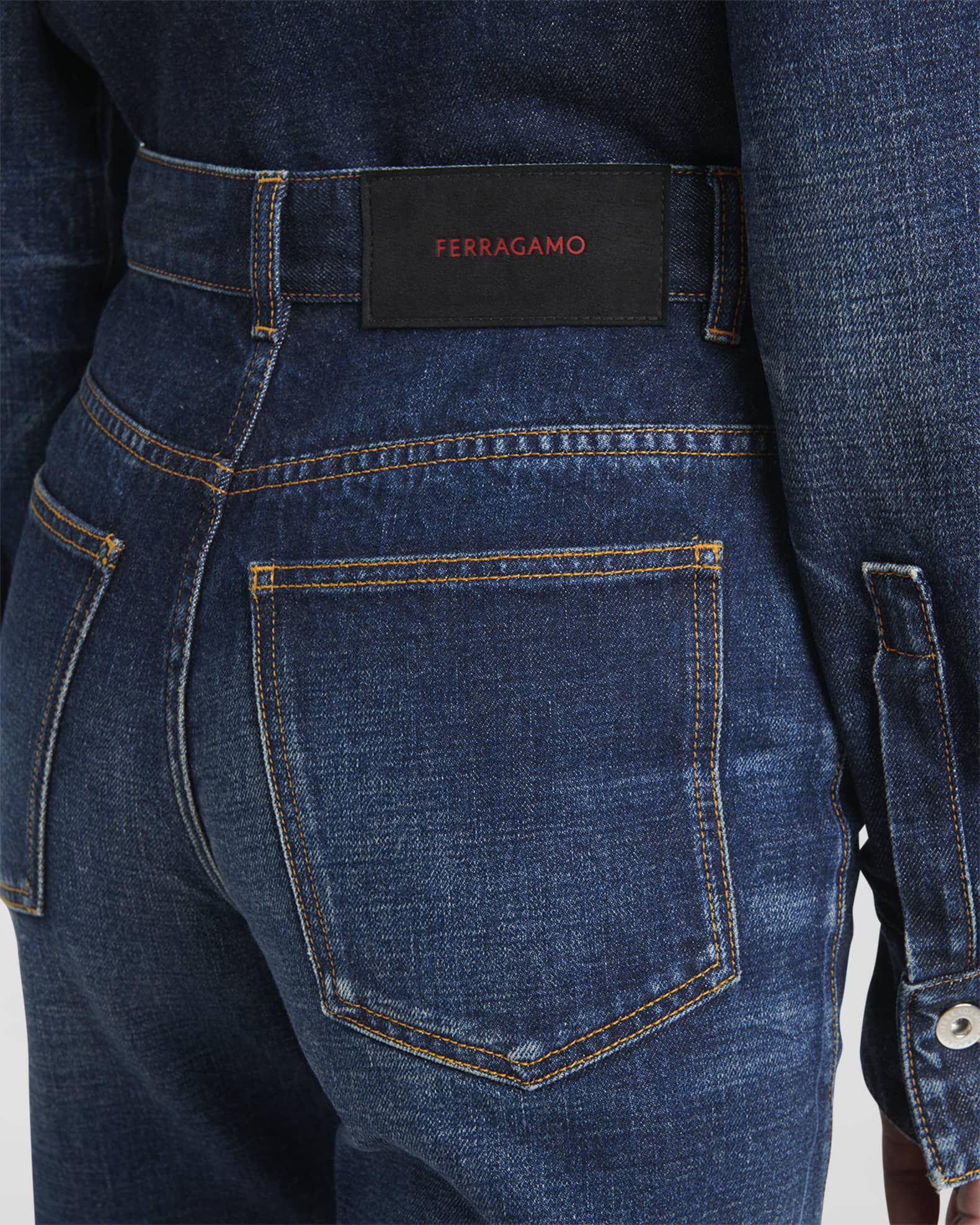 Ferragamo Seam-Detail Straight-Leg Distressed Denim Pants | Neiman Marcus