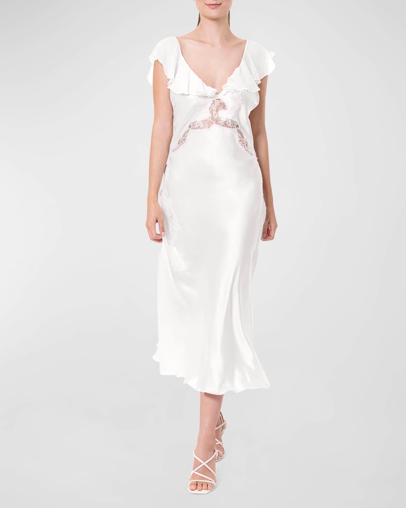 Christine Lingerie Angel Lace-Trim Silk Charmeuse Ruffle Nightgown ...