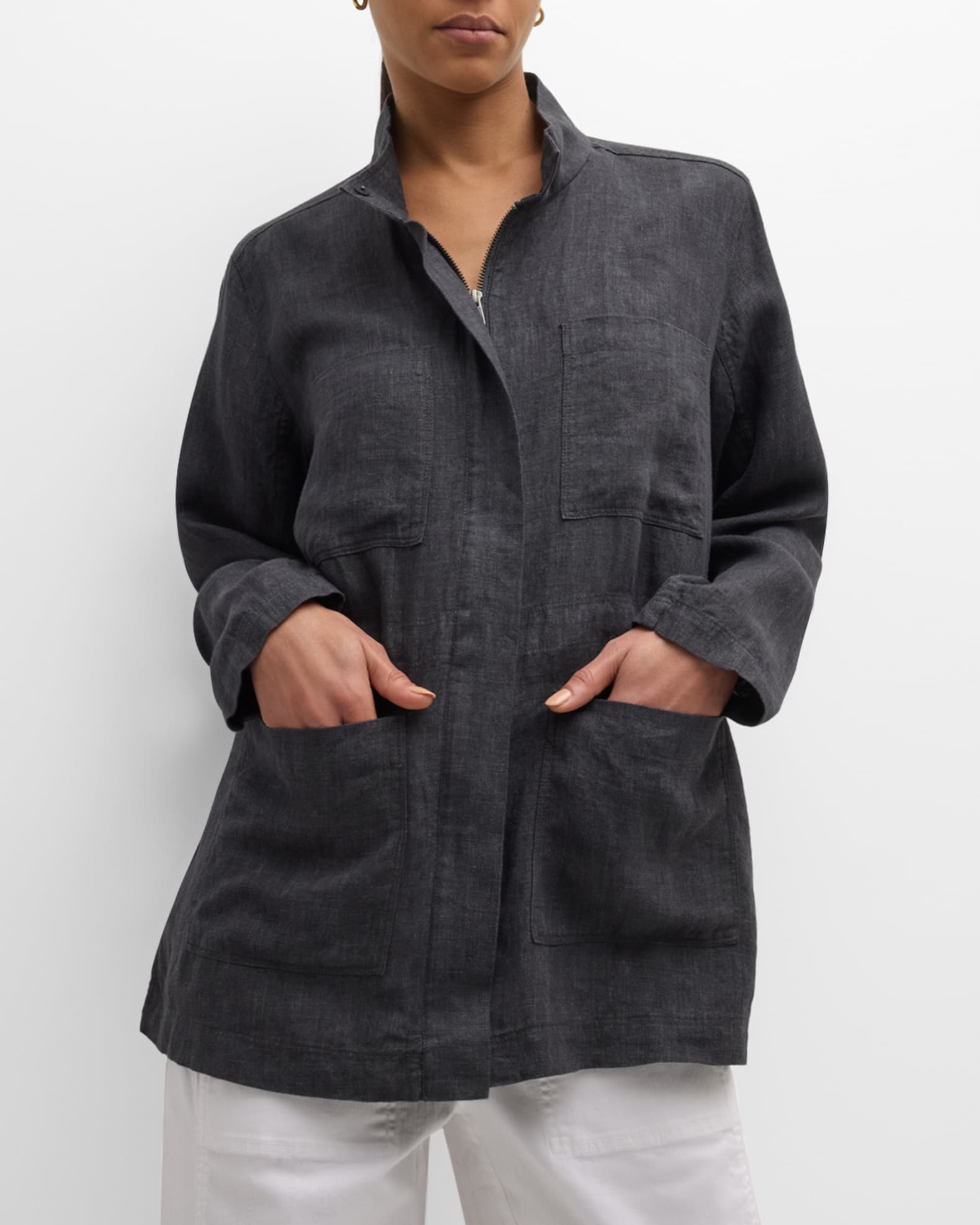 Eileen Fisher Stand-Collar Organic Linen Jacket | Neiman Marcus