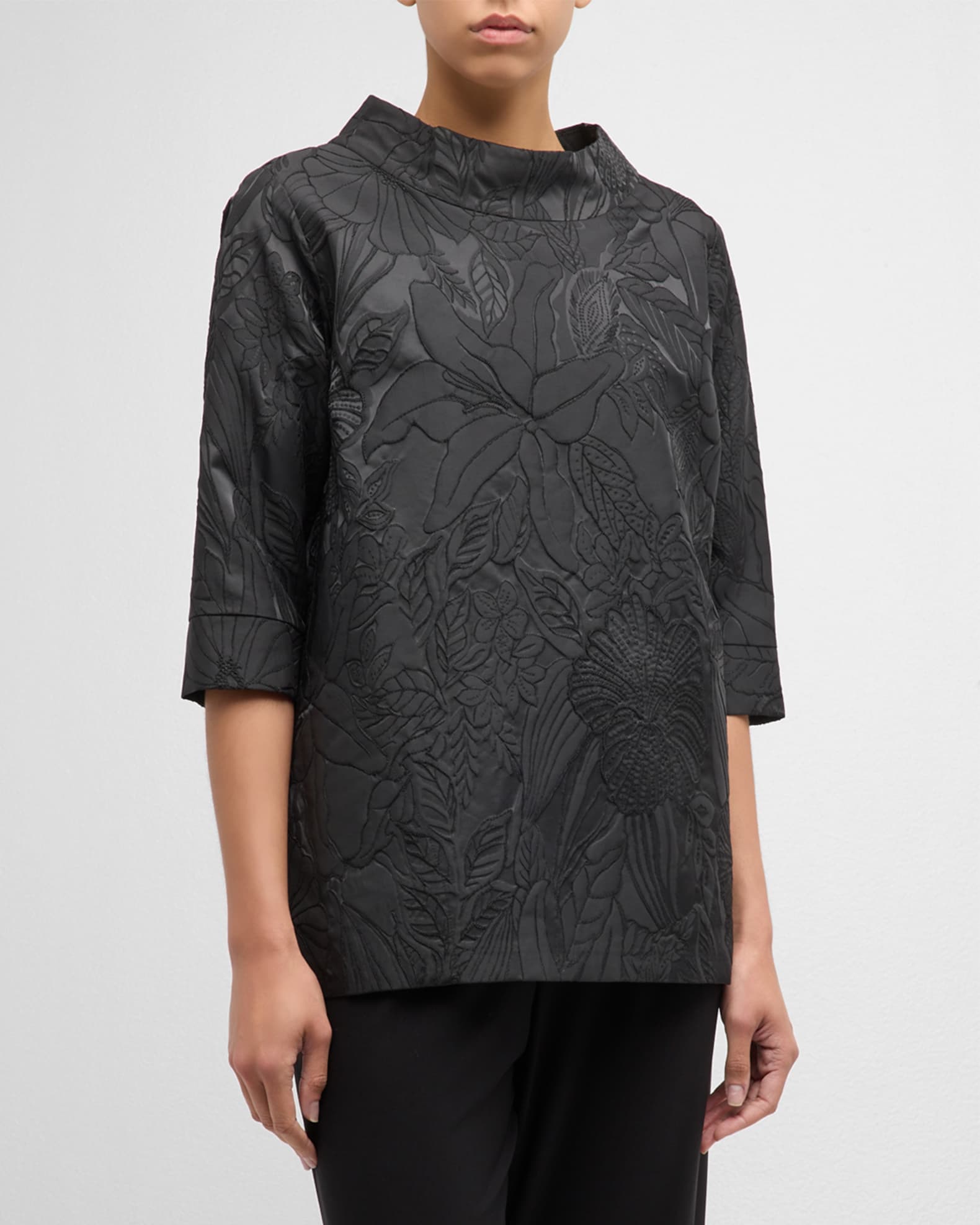 Caroline Rose Jackie Funnel-Neck Floral Jacquard Tunic | Neiman Marcus