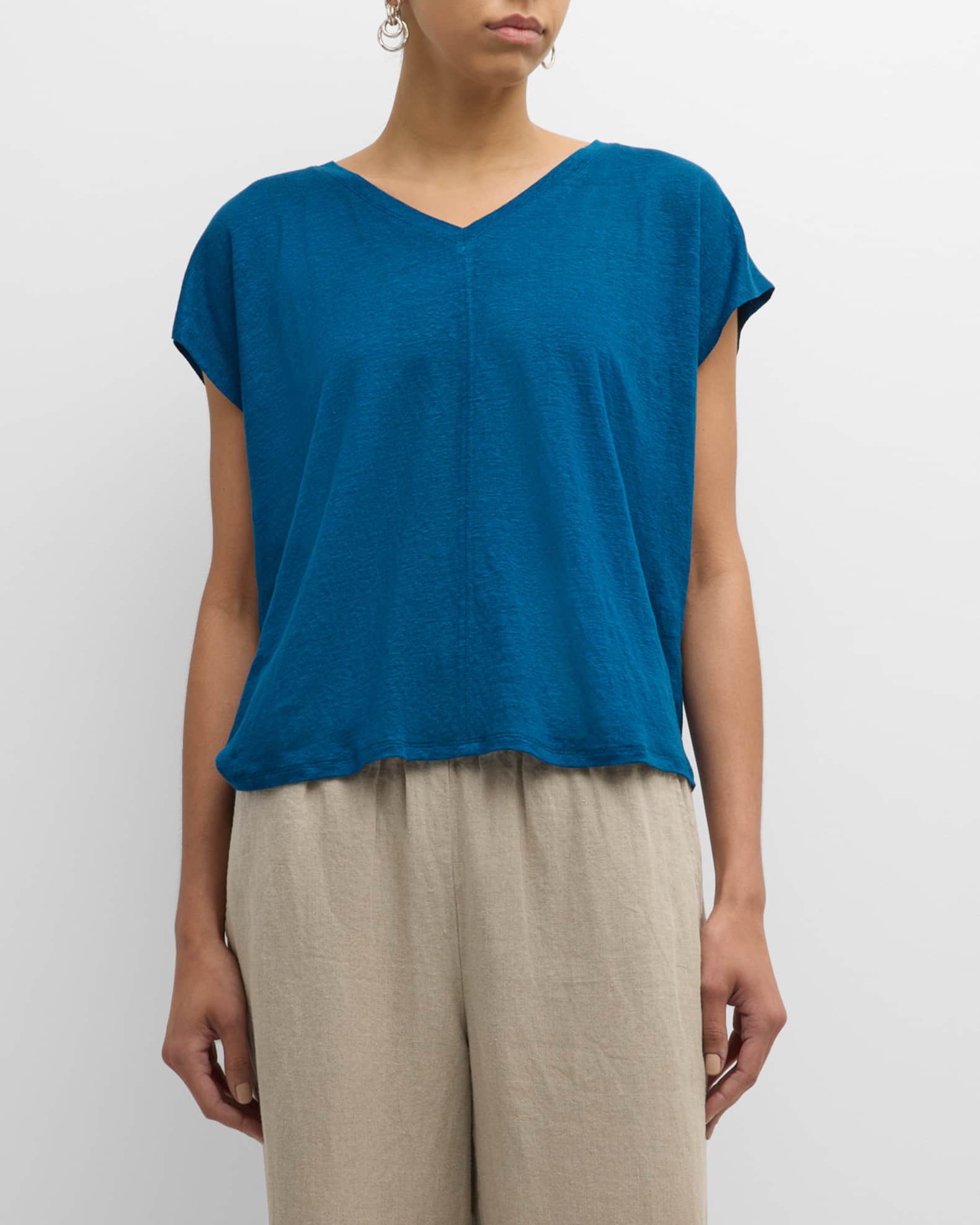 Eileen Fisher V-Neck Organic Linen Jersey Tee | Neiman Marcus