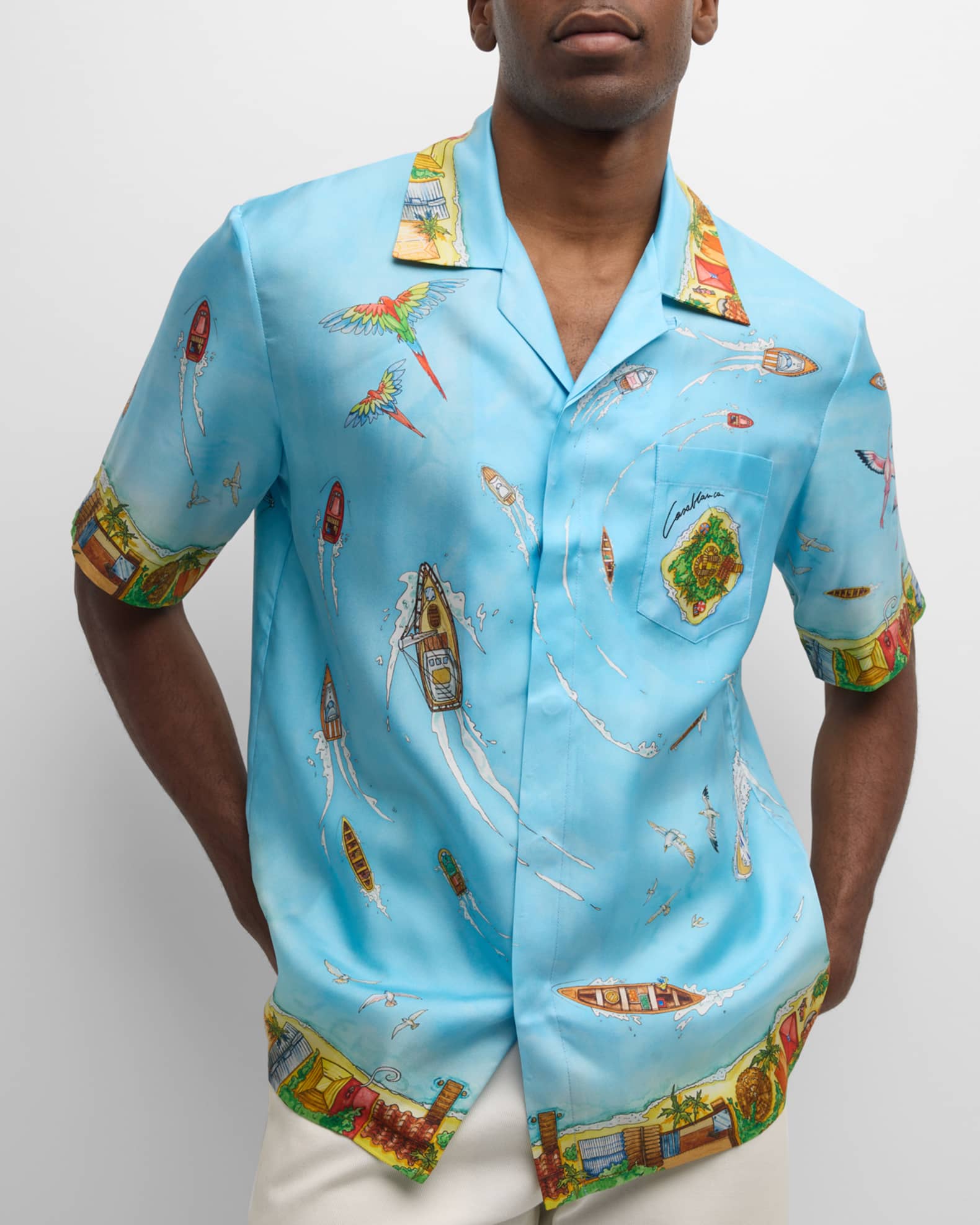 CASABLANCA Men's Maison Sur Piloti Silk Short-Sleeve Shirt | Neiman Marcus