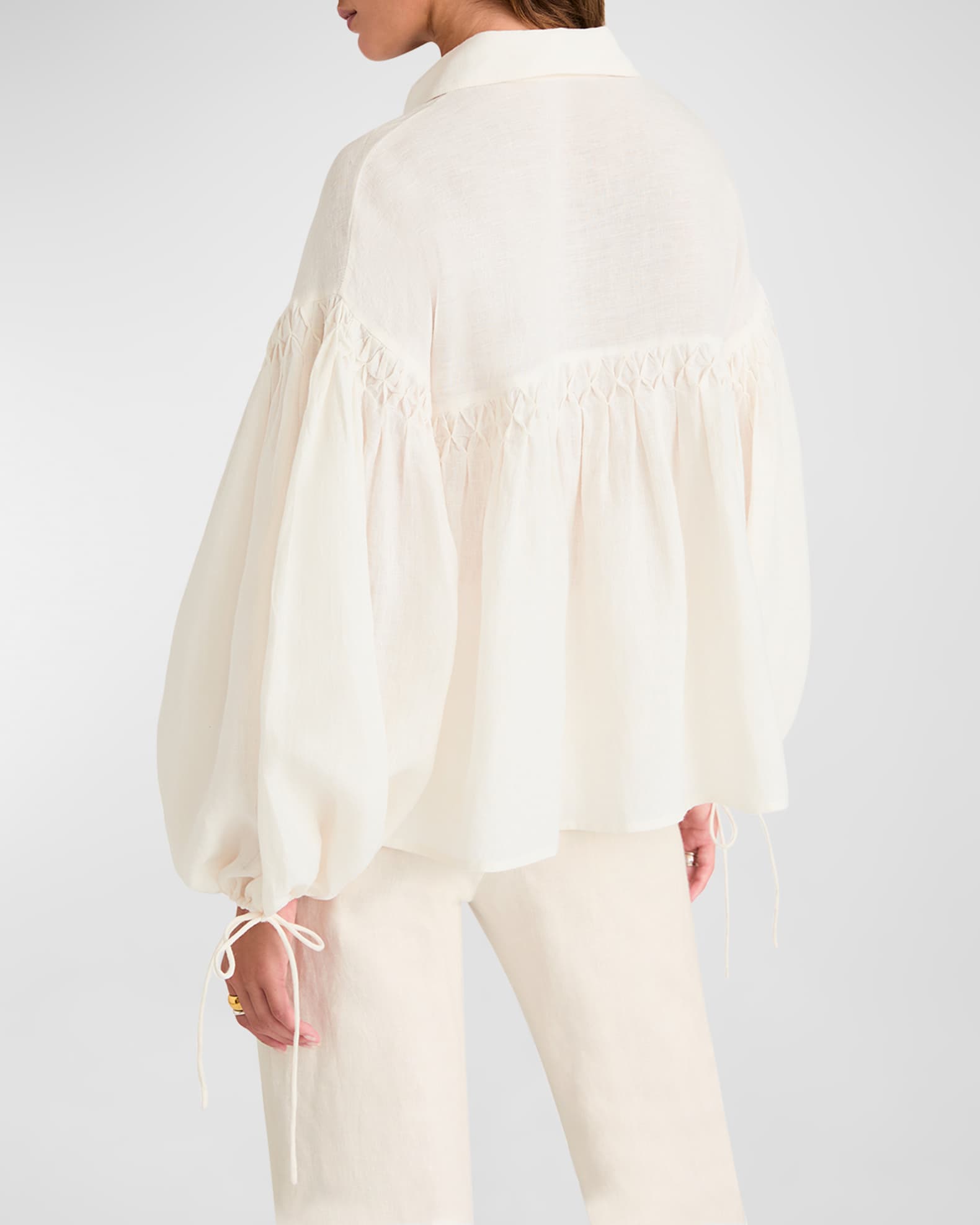 Merlette Azurea Smocked Blouson-Sleeve Linen Top | Neiman Marcus