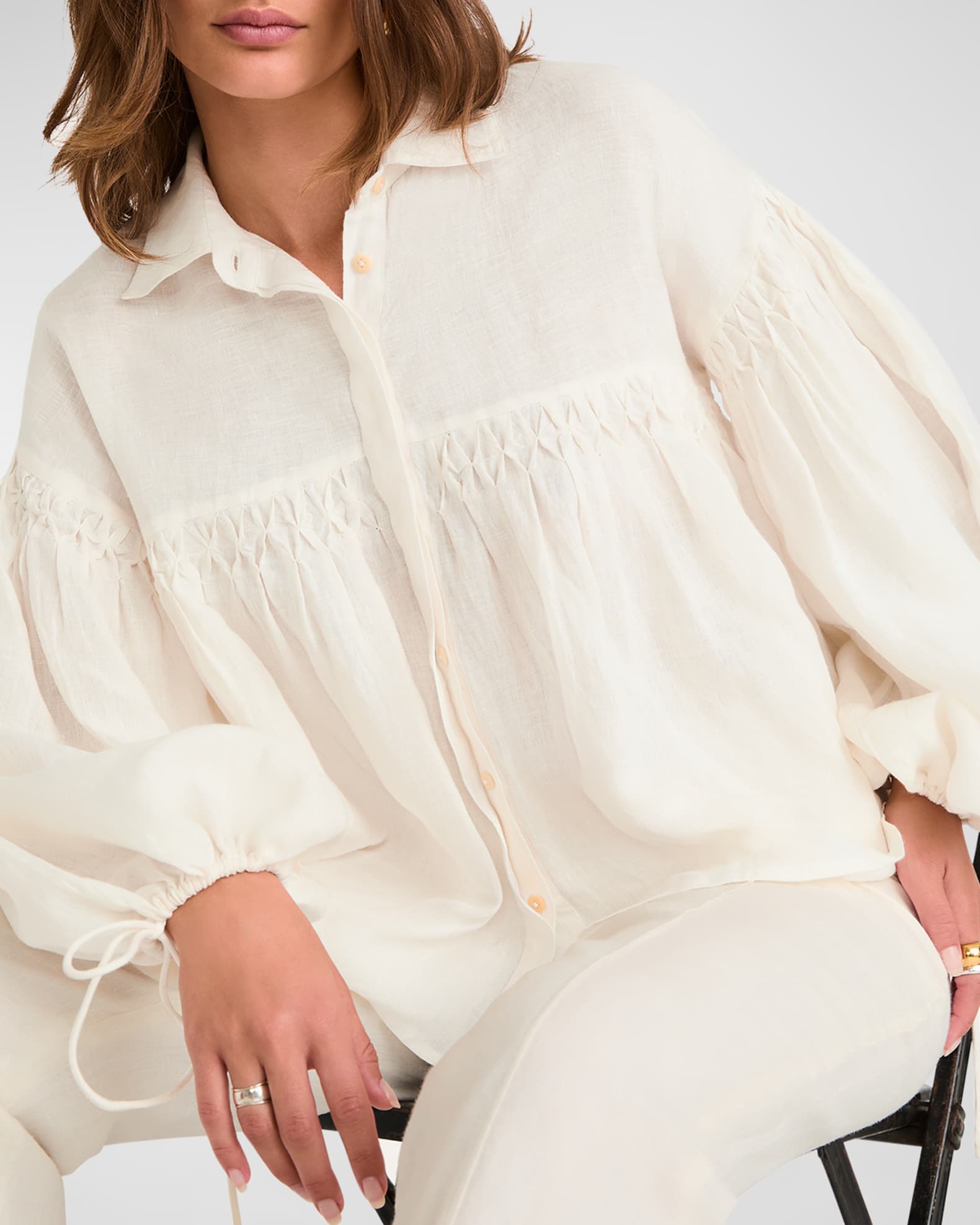 Merlette Azurea Smocked Blouson-Sleeve Linen Top | Neiman Marcus