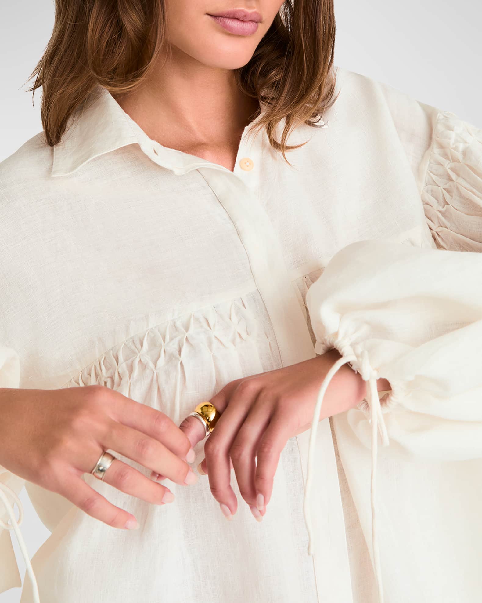 Merlette Azurea Smocked Blouson-Sleeve Linen Top | Neiman Marcus