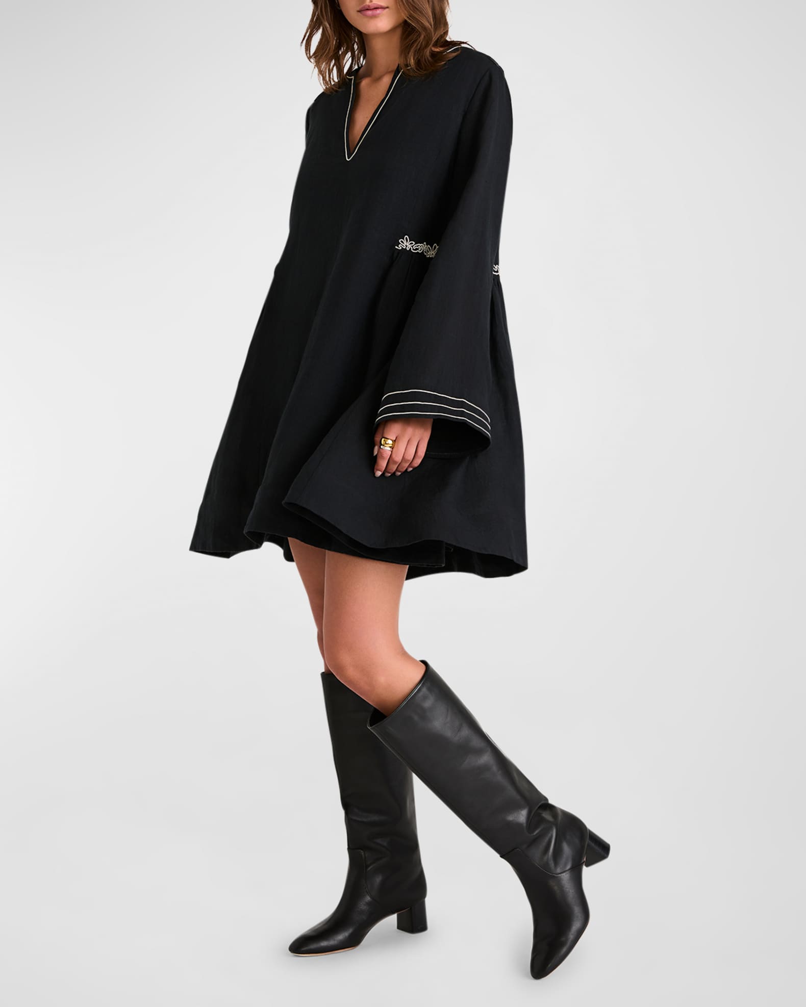 Merlette Riverside Flare-Sleeve Trapeze Linen Mini Dress | Neiman Marcus