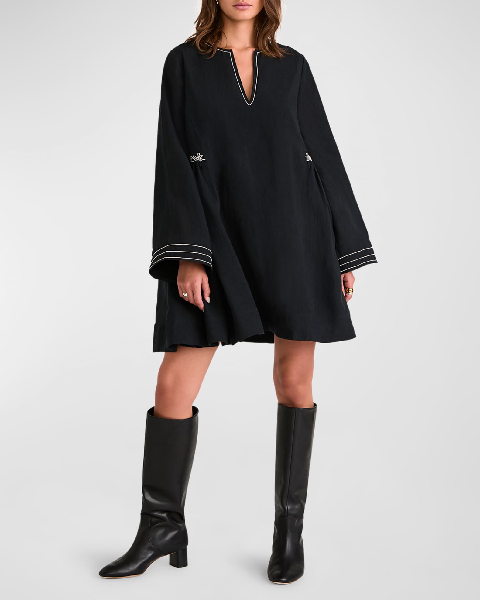 Merlette Riverside Flare-Sleeve Trapeze Linen Mini Dress | Neiman Marcus