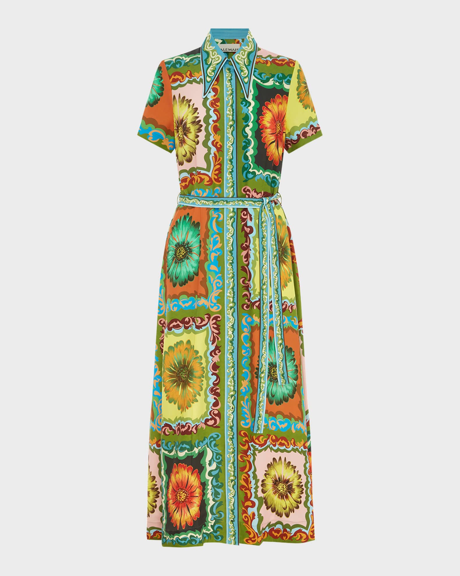 ALEMAIS Disco Daisy Tie-Belt Maxi Shirtdress | Neiman Marcus