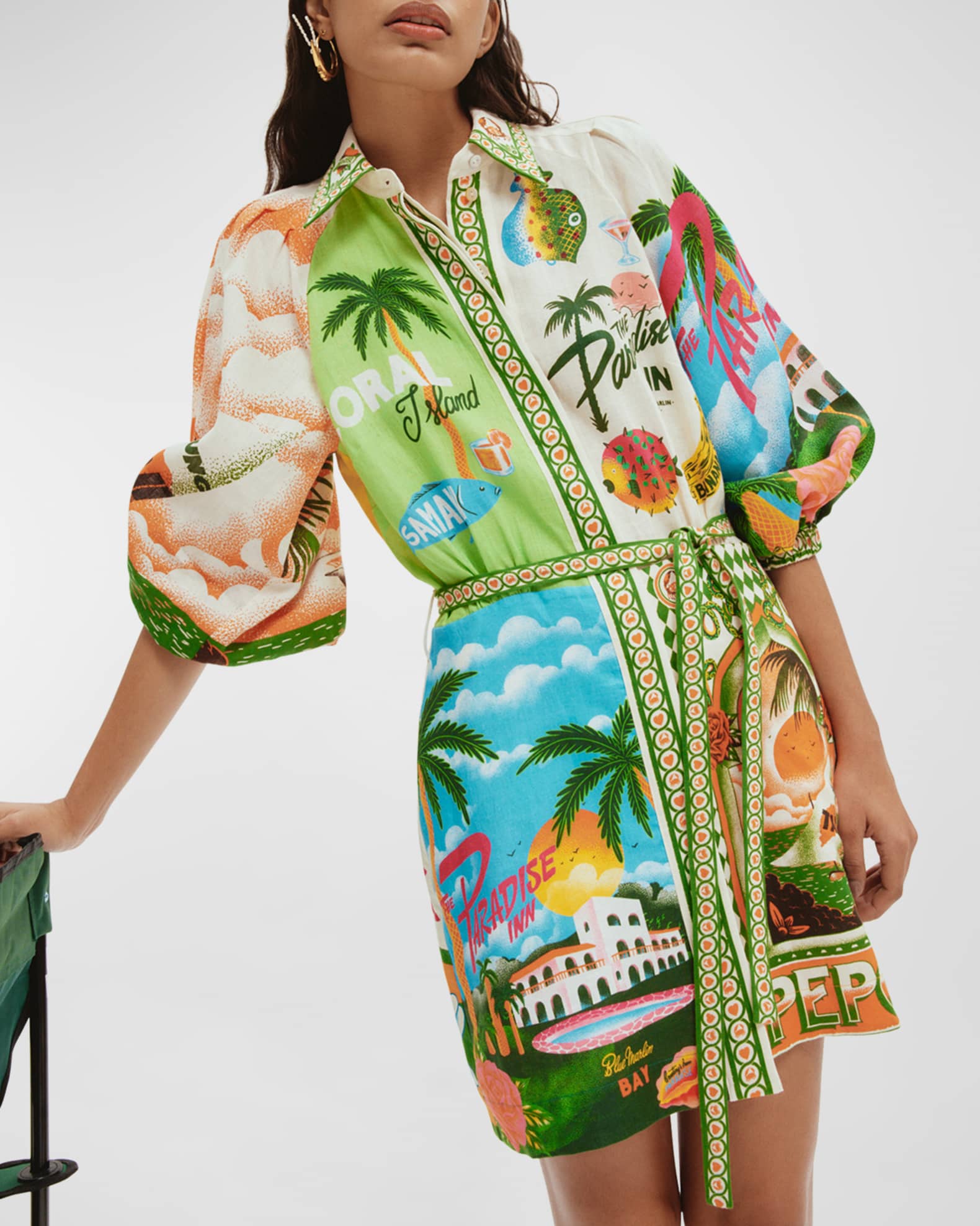 ALEMAIS x Alan Berry Rhys Paradiso Linen Mini Shirt Dress | Neiman Marcus