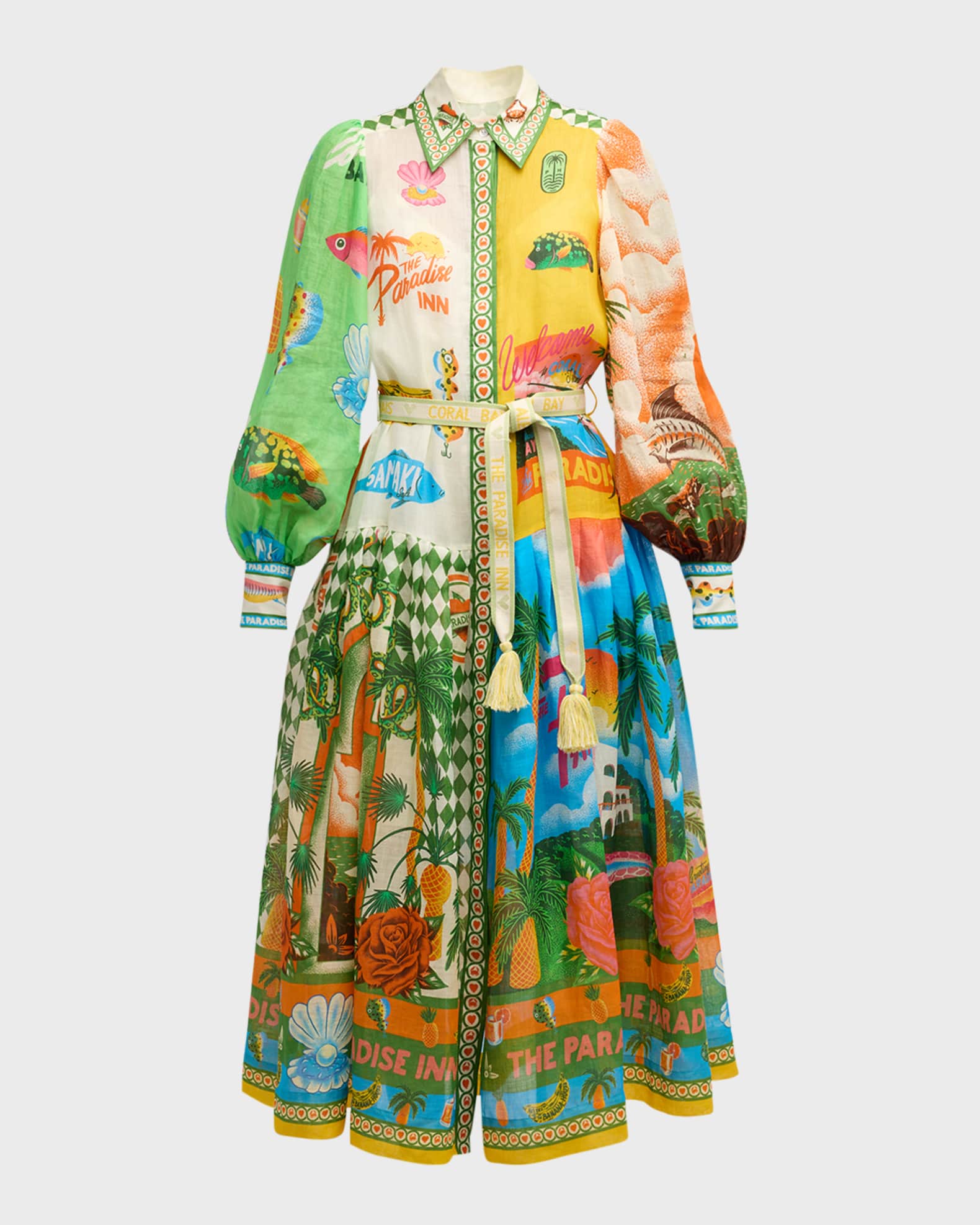 ALEMAIS x Alan Berry Rhys Paradiso Tie-Belt Midi Shirtdress | Neiman Marcus
