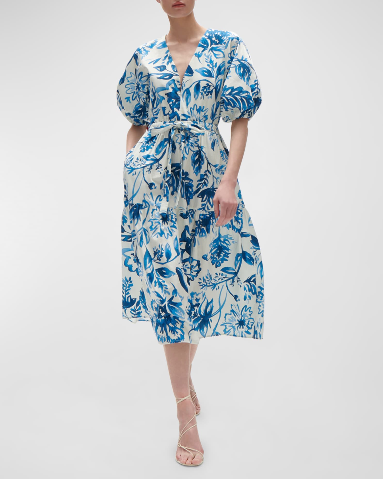 Figue Joyce Floral-Print Puff-Sleeve Midi Dress | Neiman Marcus