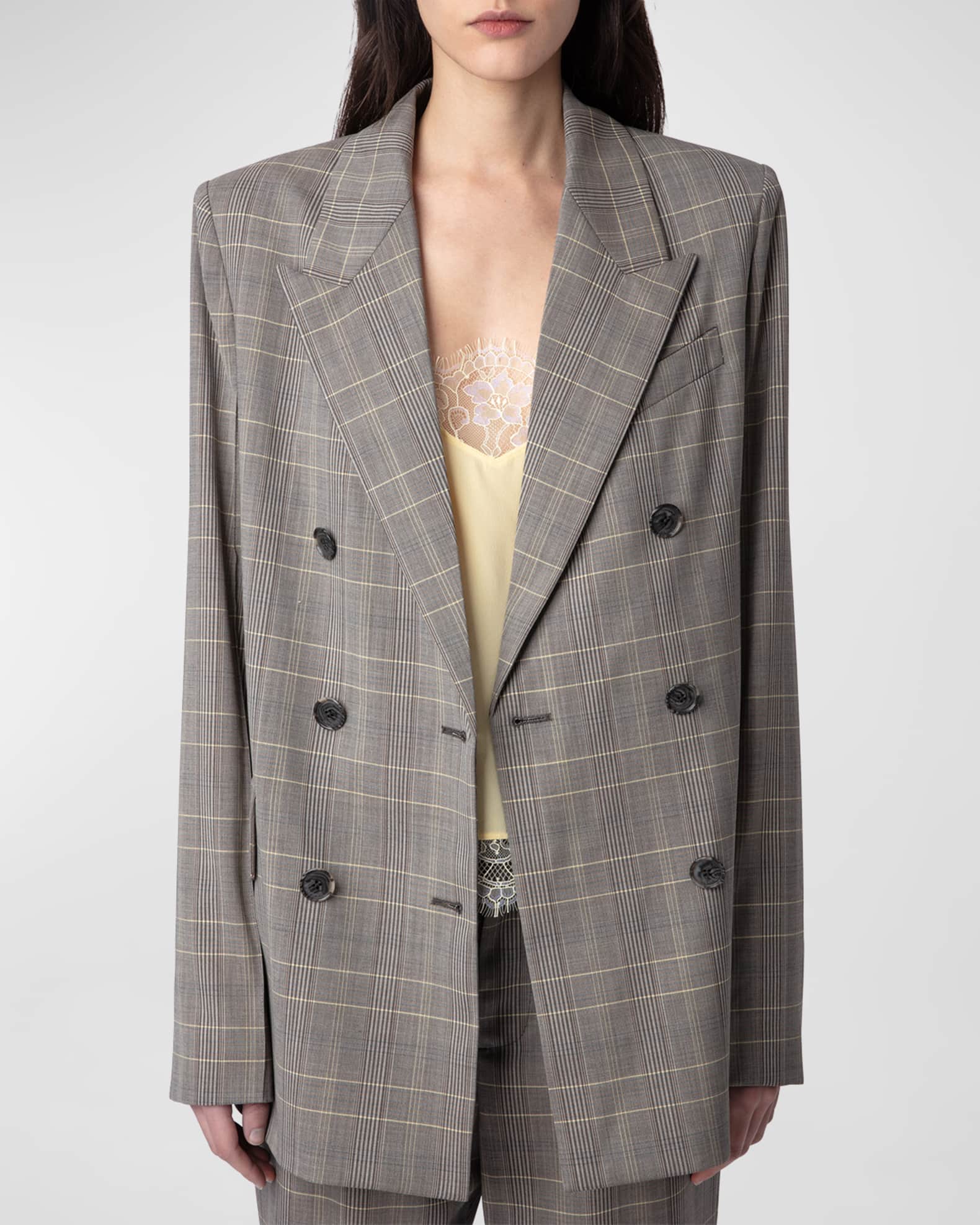 Zadig & Voltaire Vaena Double-Breasted Check Blazer | Neiman Marcus