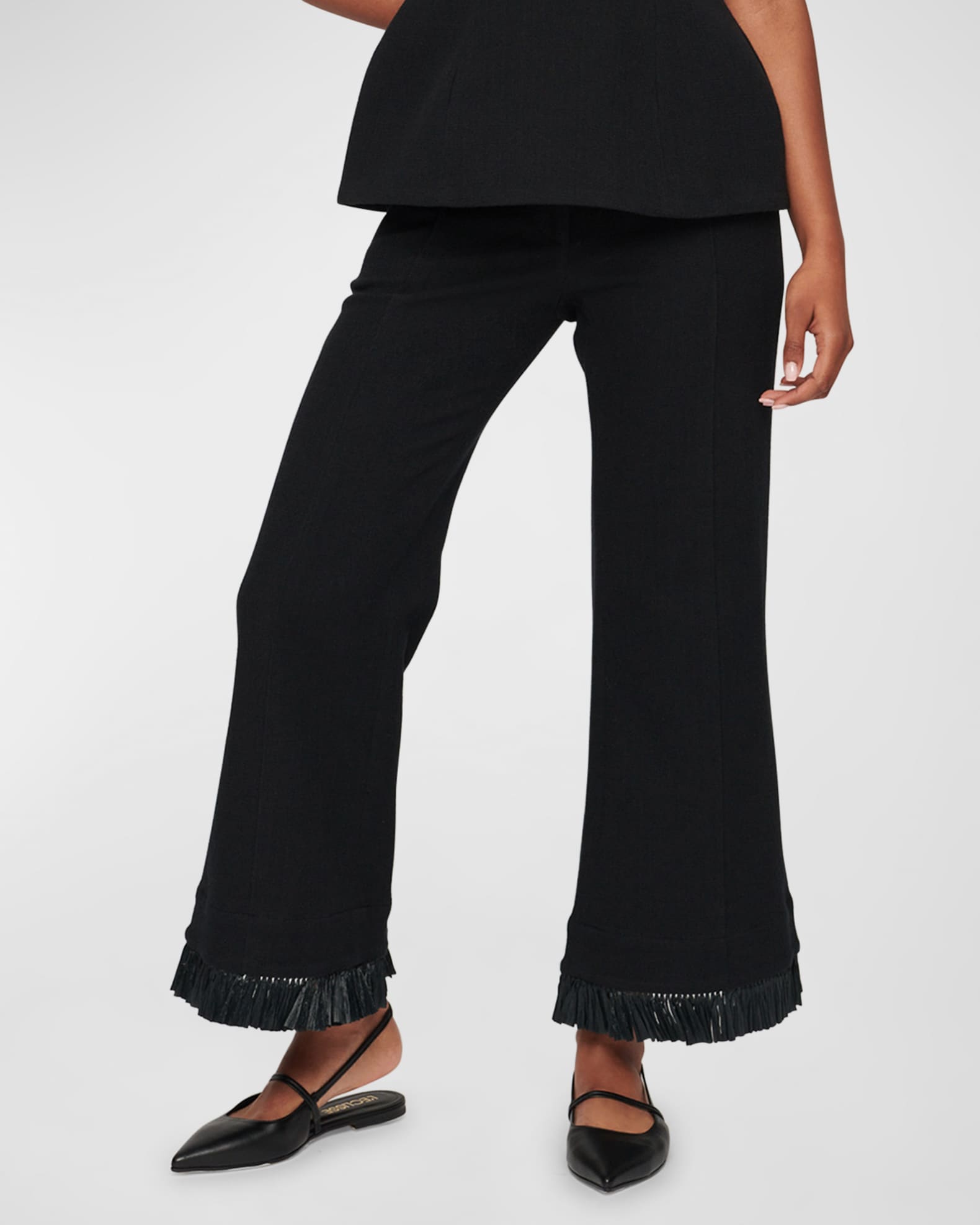 CLEA Parker Raffia Fringe-Trim Trousers | Neiman Marcus